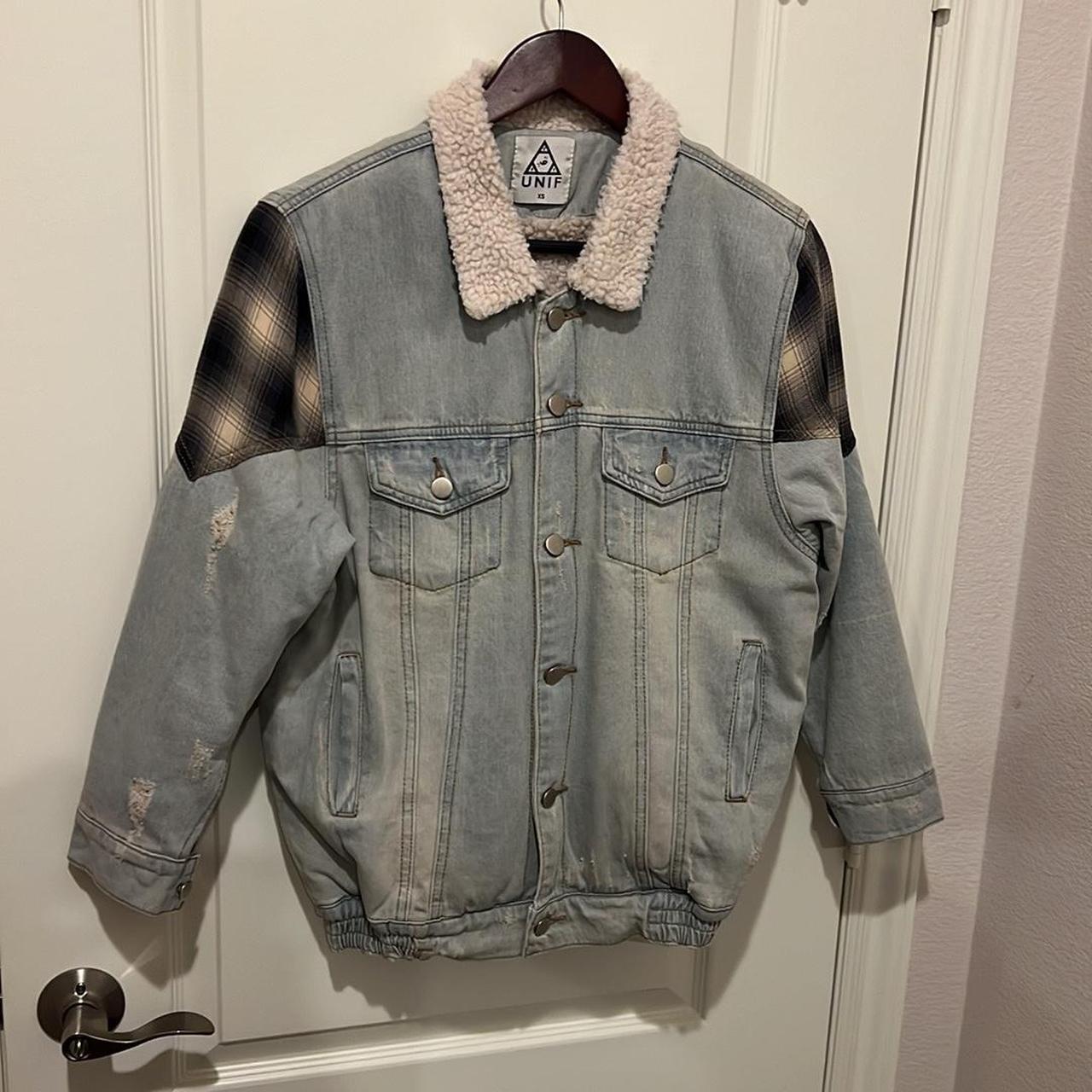 Unif distressed faux sherpa lining denim jacket - Depop