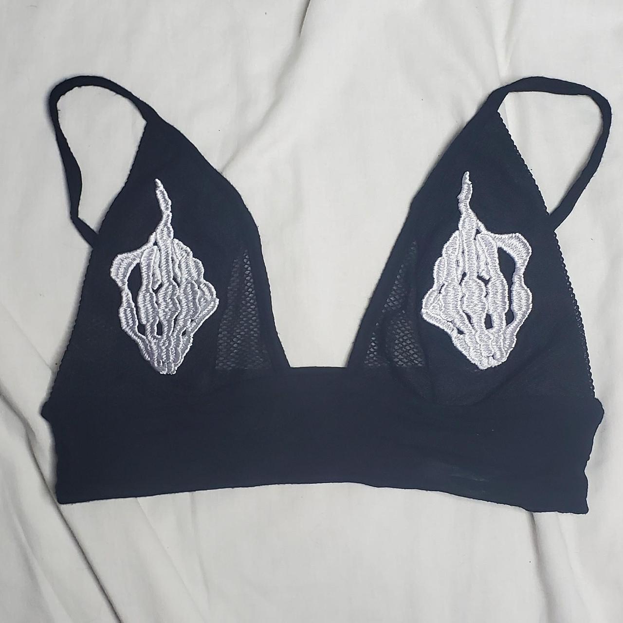 Goth Skelton Embroidered Middle Finger Bralette Bra.... - Depop
