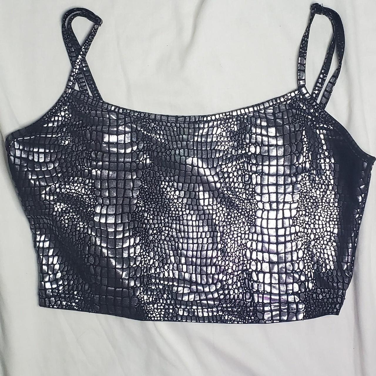 Vintage Style Metallic Silver Snakeskin Crop Top.... - Depop