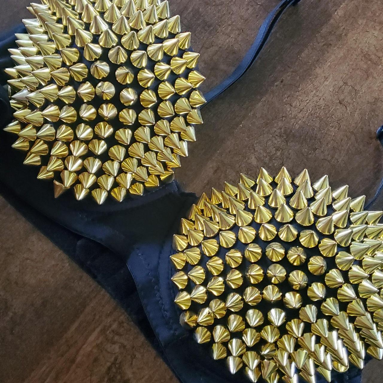 Vintage 80s Rockwear Style Spike Gold Bra with... - Depop