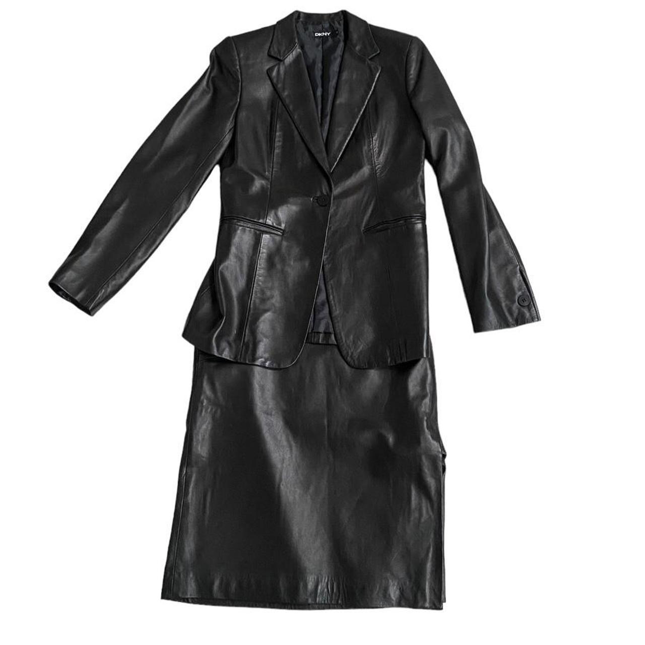DKNY - black leather two piece set. Leather jacket... - Depop