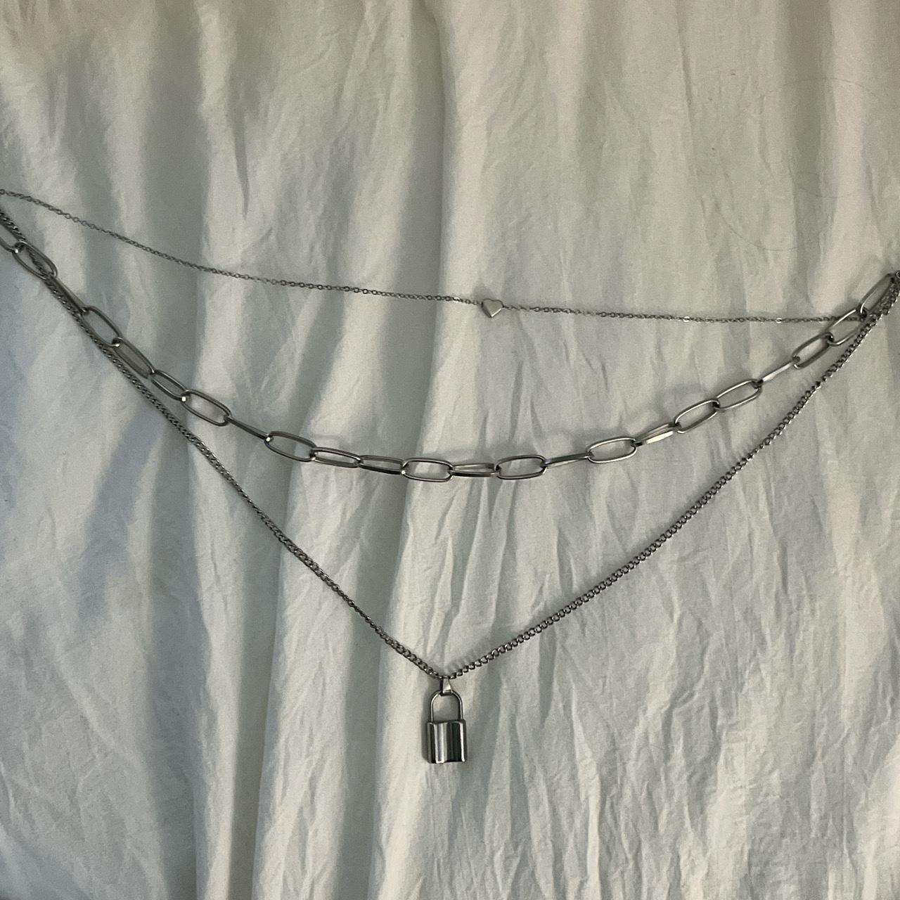 3 part layered sliver necklace heart, chain, lock - Depop