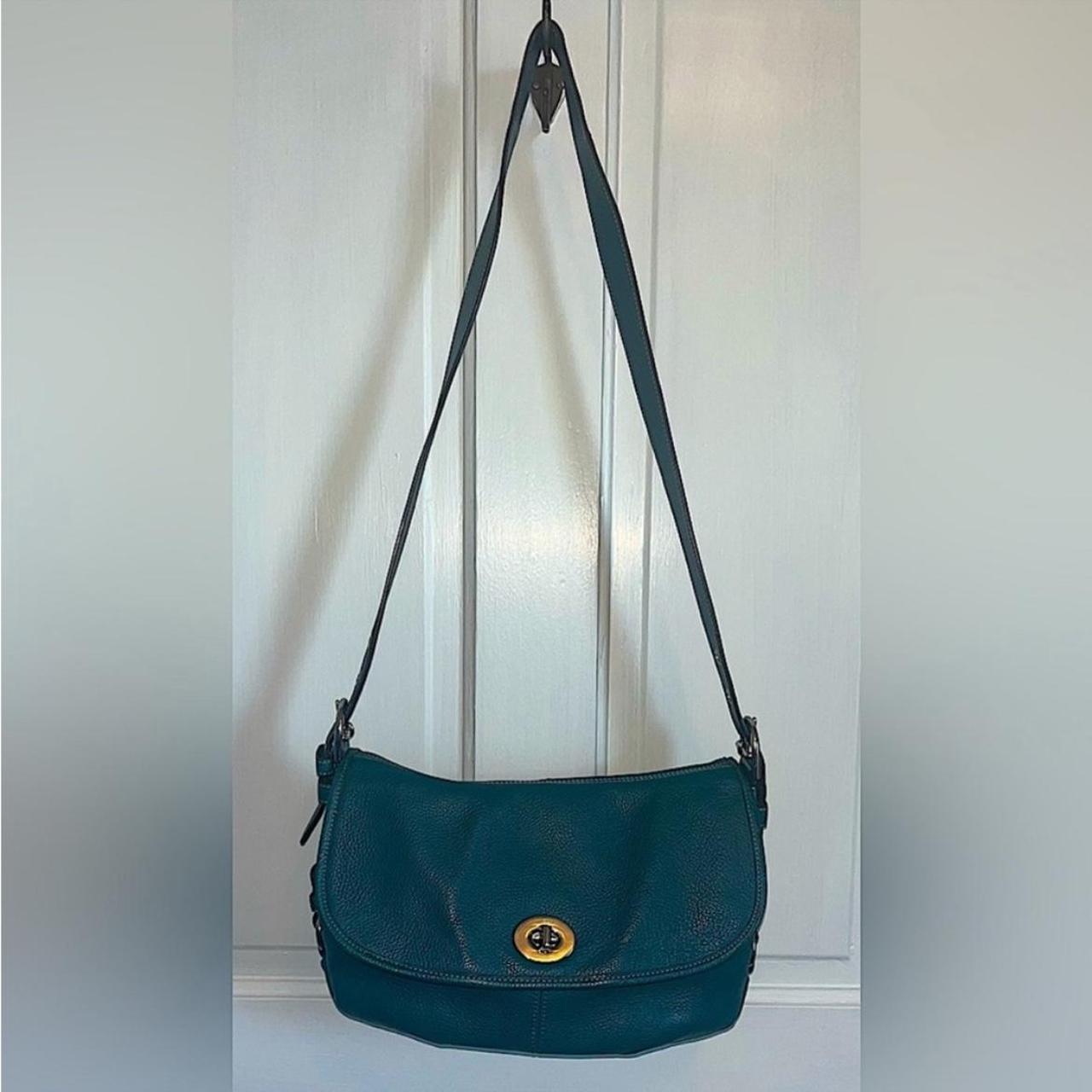 Coach teal color, leather shoulder bag with silver... | Depop