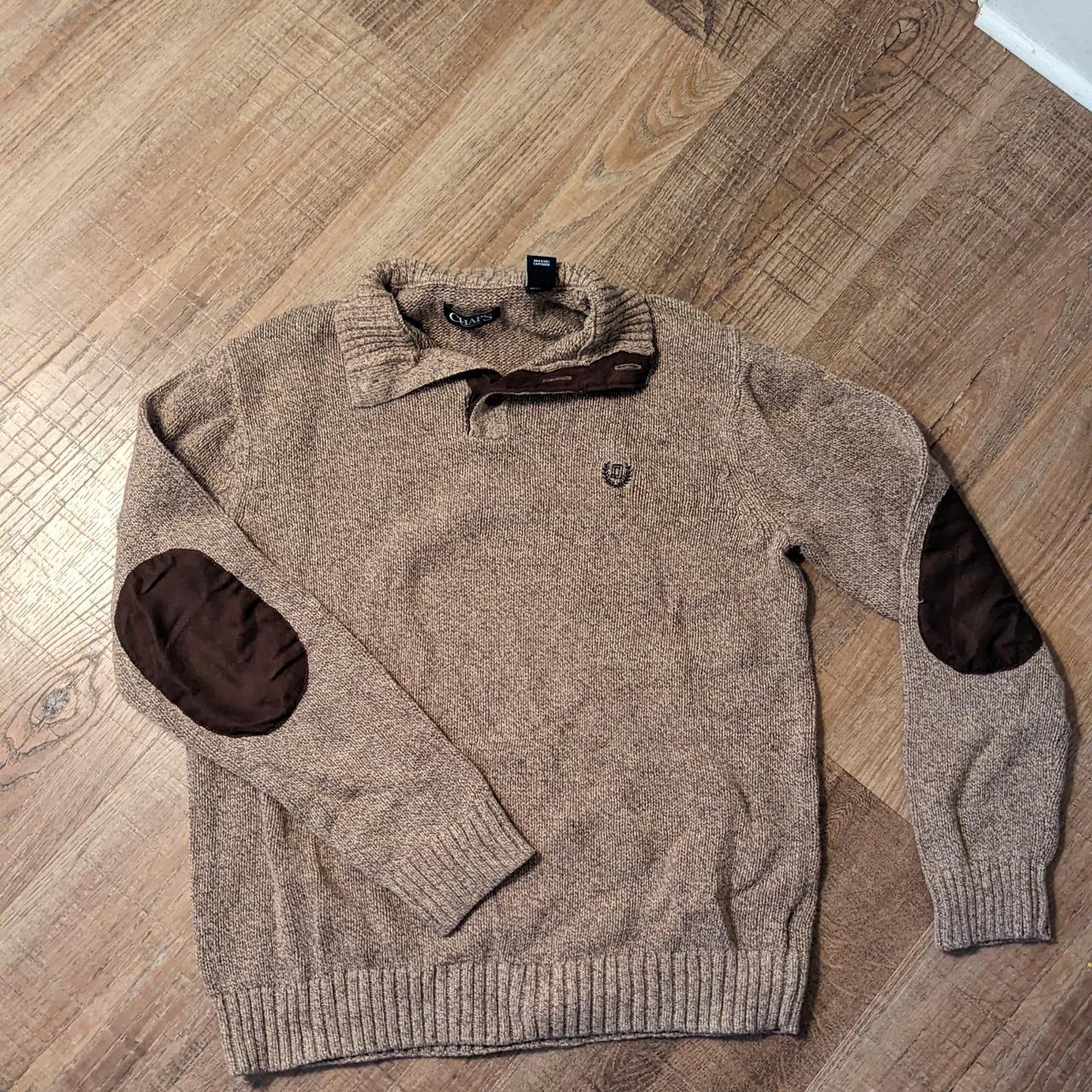 Three-button tan Chaps Sweater, brown elbow patches.... - Depop
