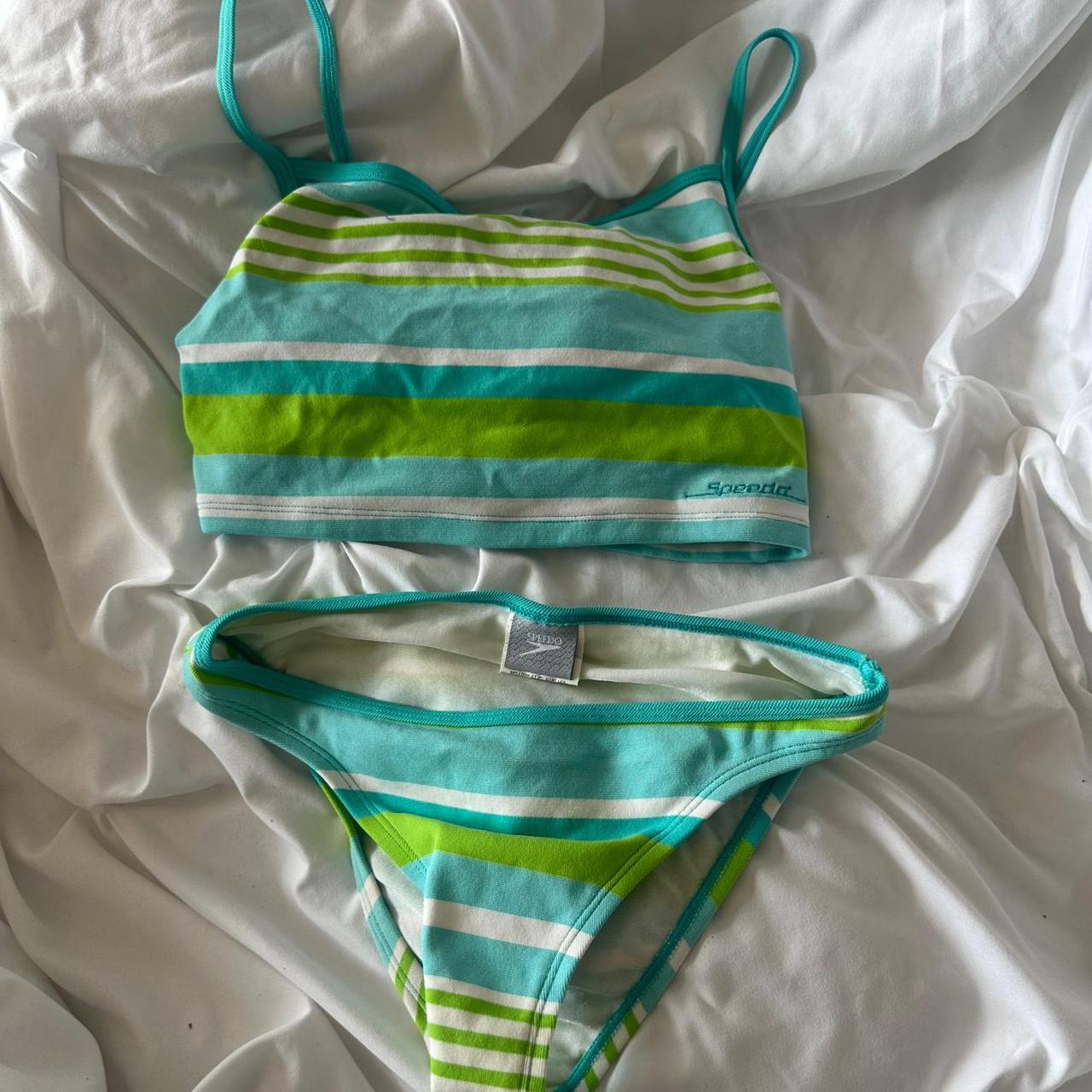 Vintage y2k Green and blue striped Speedo bikini set... | Depop