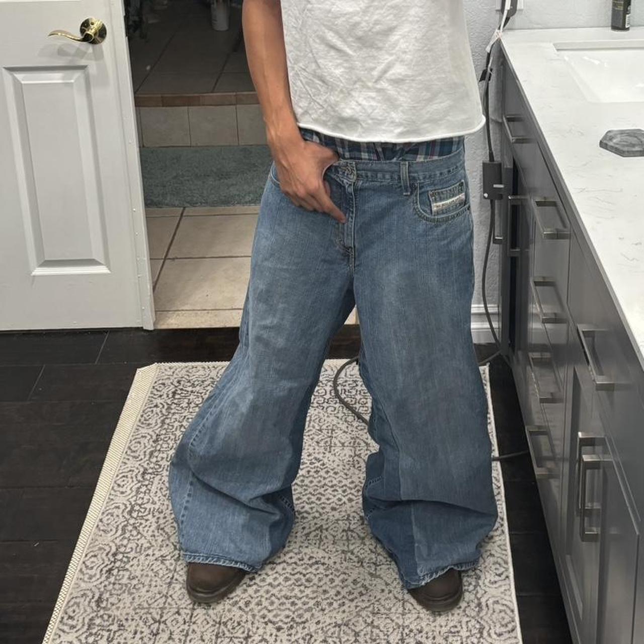 2000s Y2K jnco type custom 1of1 wide leg baggy blue... - Depop