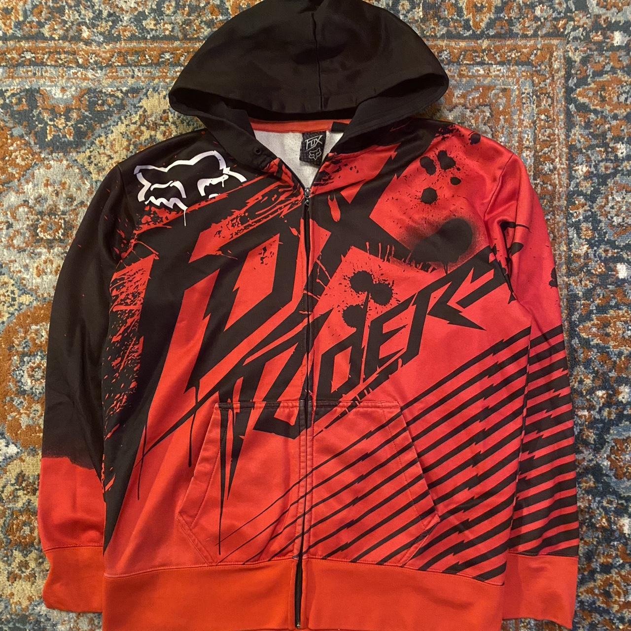 Y2K Fox Racing red and black zip-up hoodie... | Depop