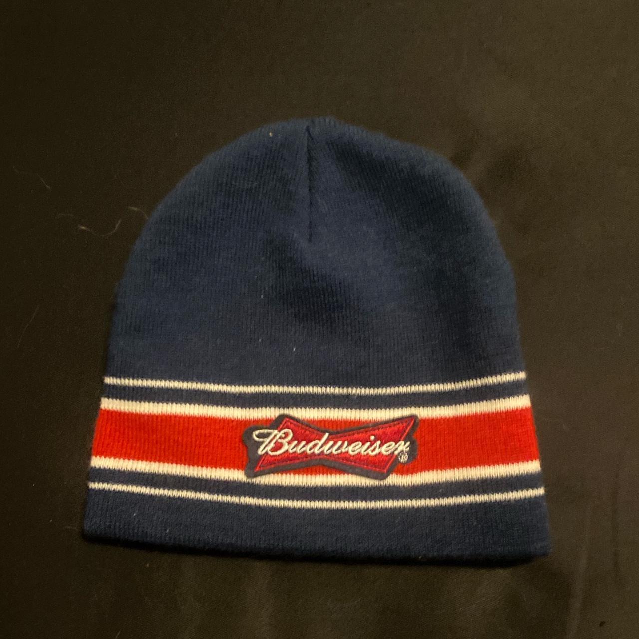 Budweiser Beanie Mint Navy blue n red... - Depop