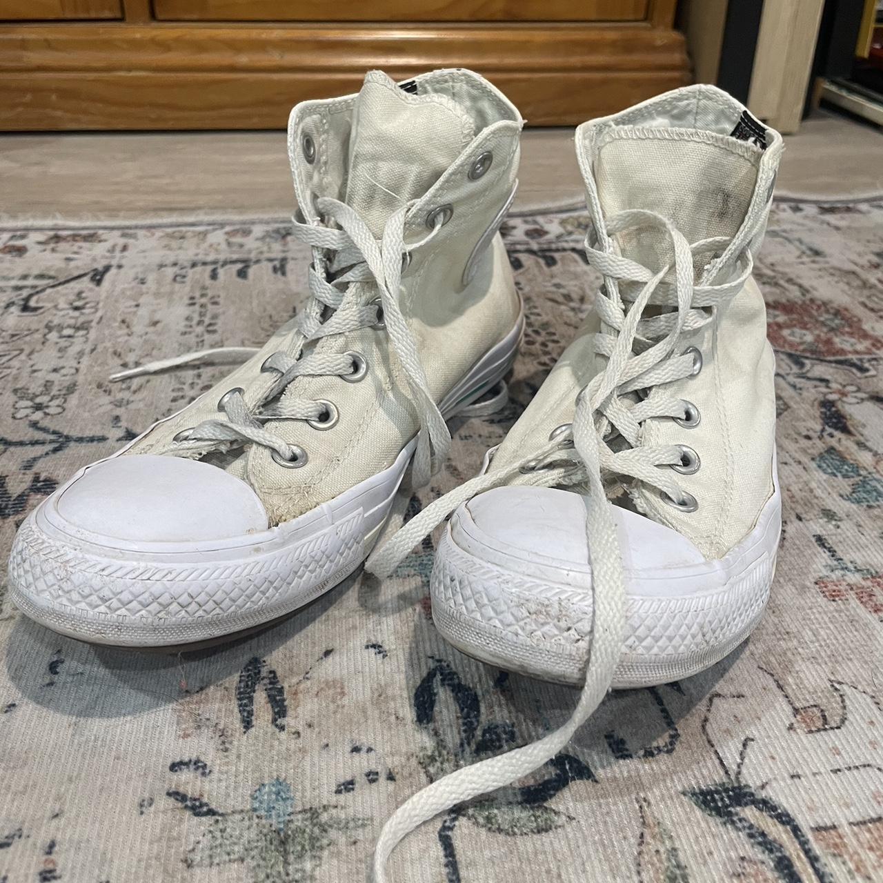 Cream converse high tops. Have some obvious damage,... - Depop