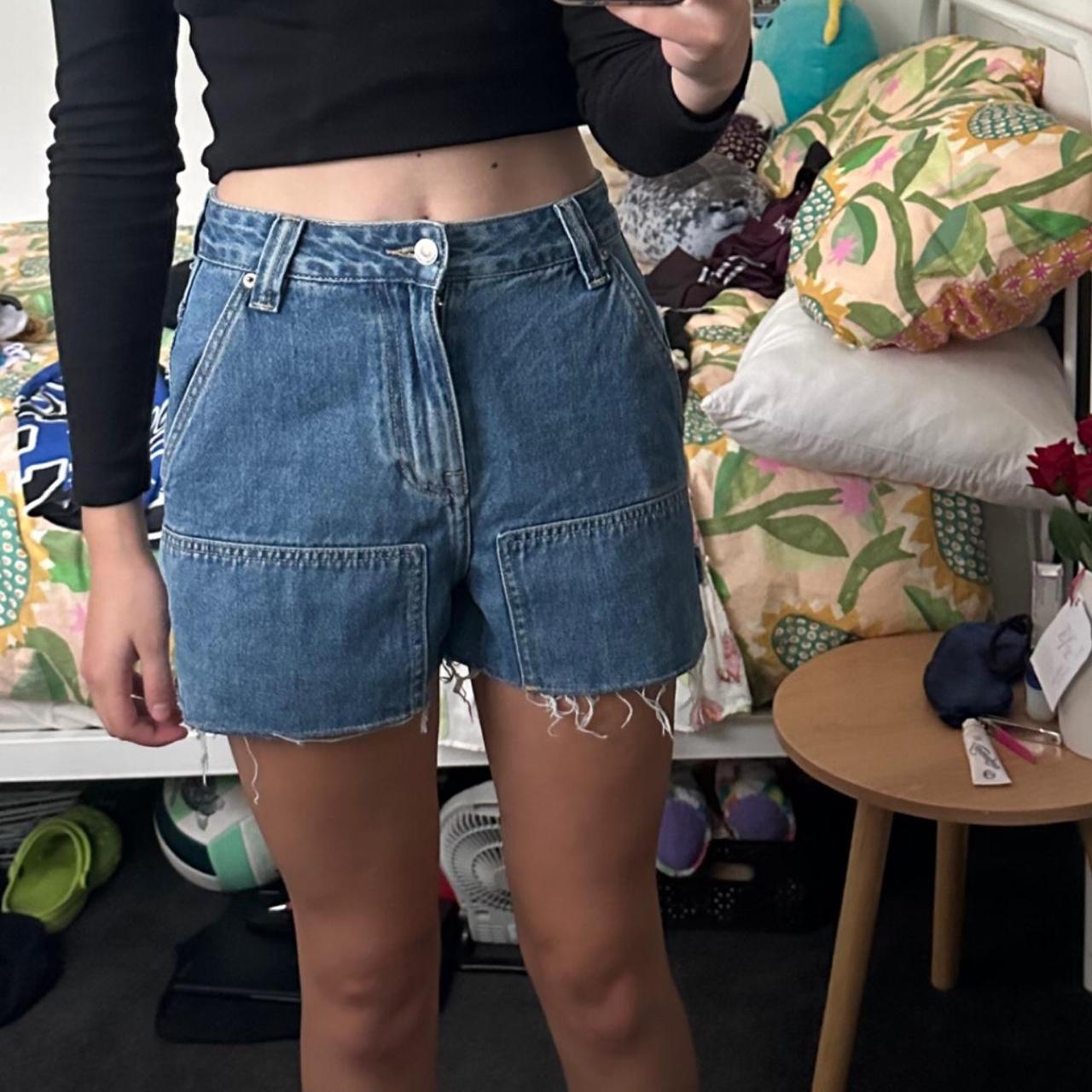 dark blue mid rise jorts message with questions - Depop