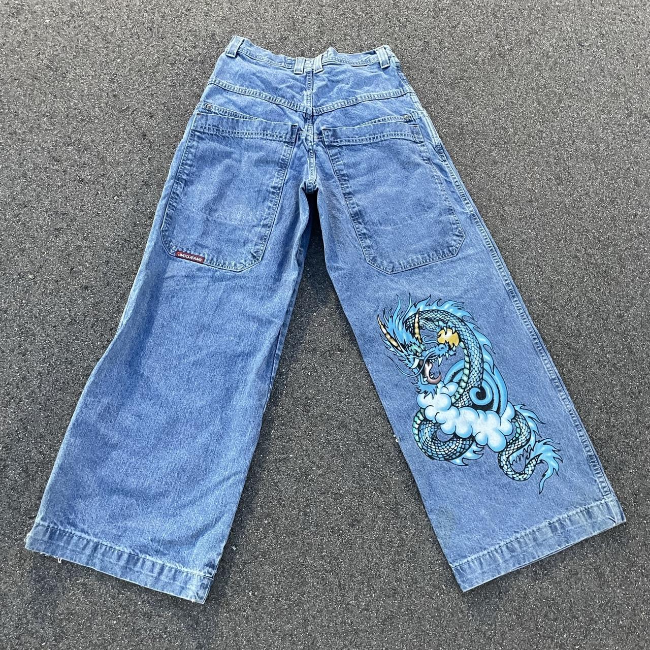 Vtg JNCO Jeans baggy 31x31 Chinese dragon double... - Depop