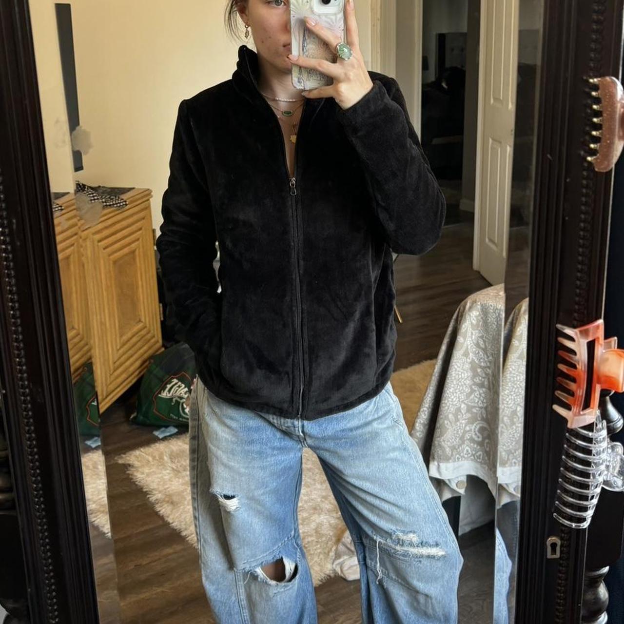 Black fuzzy jacket worn a few times bought from macys - Depop