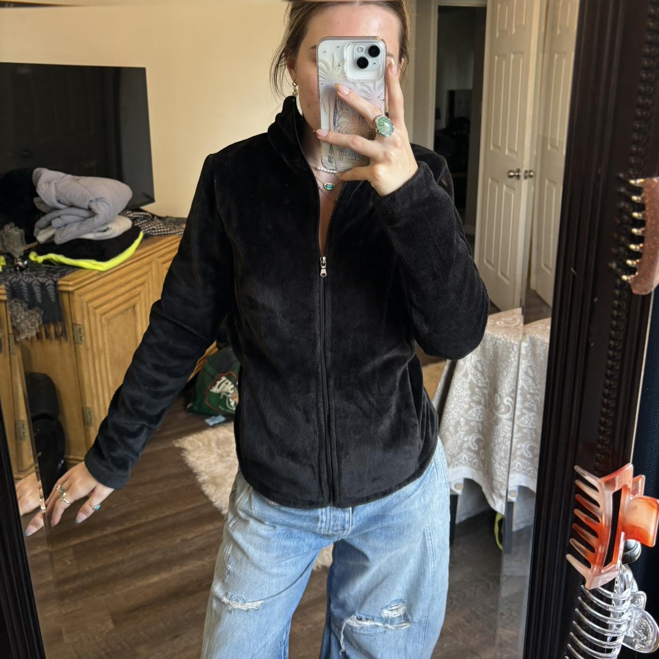 Black fuzzy jacket worn a few times bought from macys - Depop