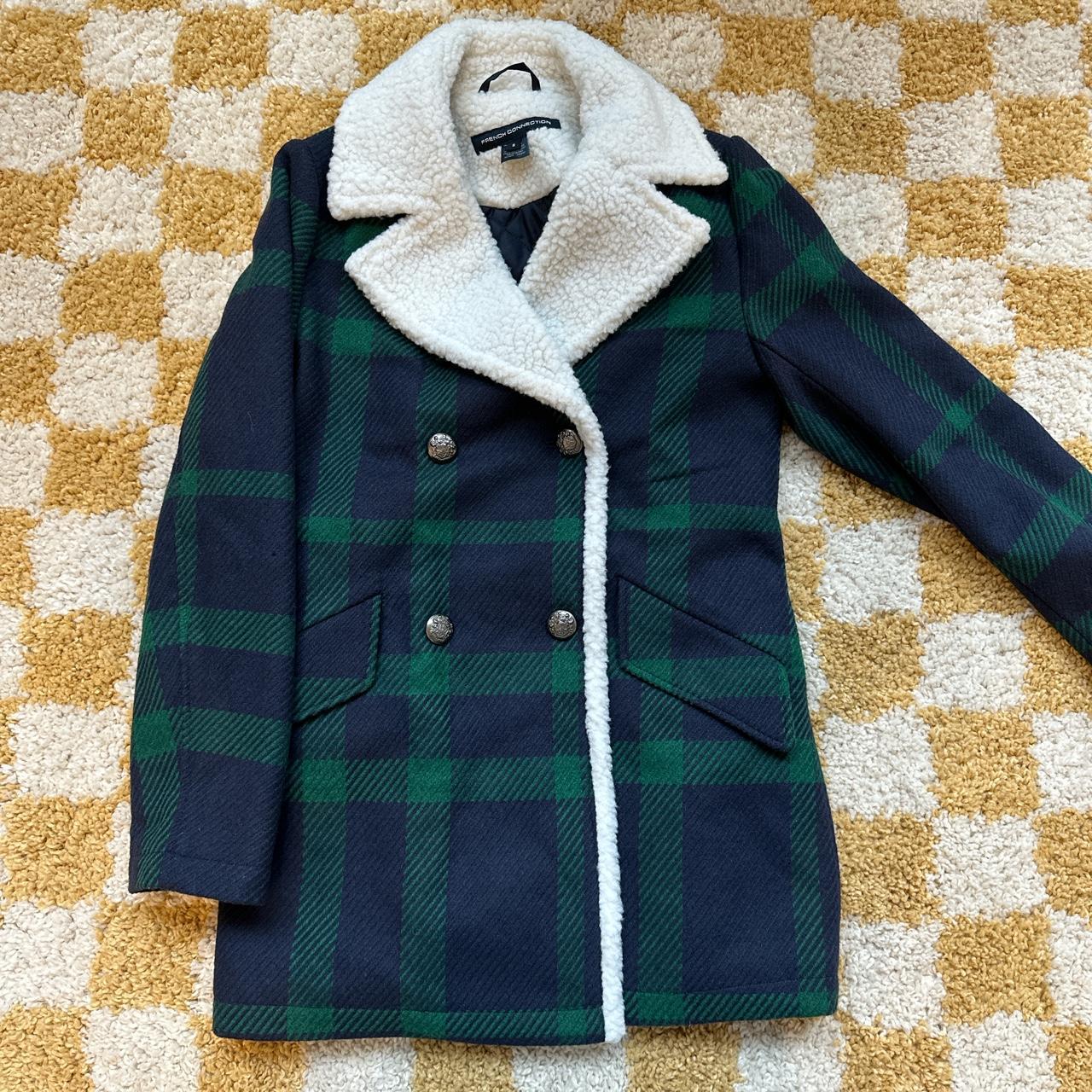 French Connection Women's Navy and Green Coat | Depop