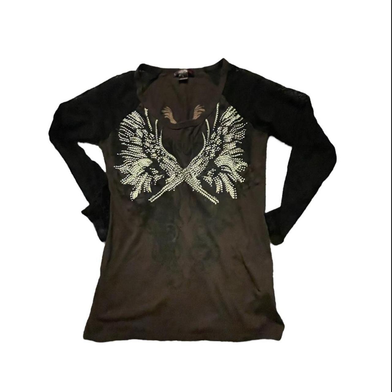 brown cyber y2k shirt lace as the sleeves... - Depop