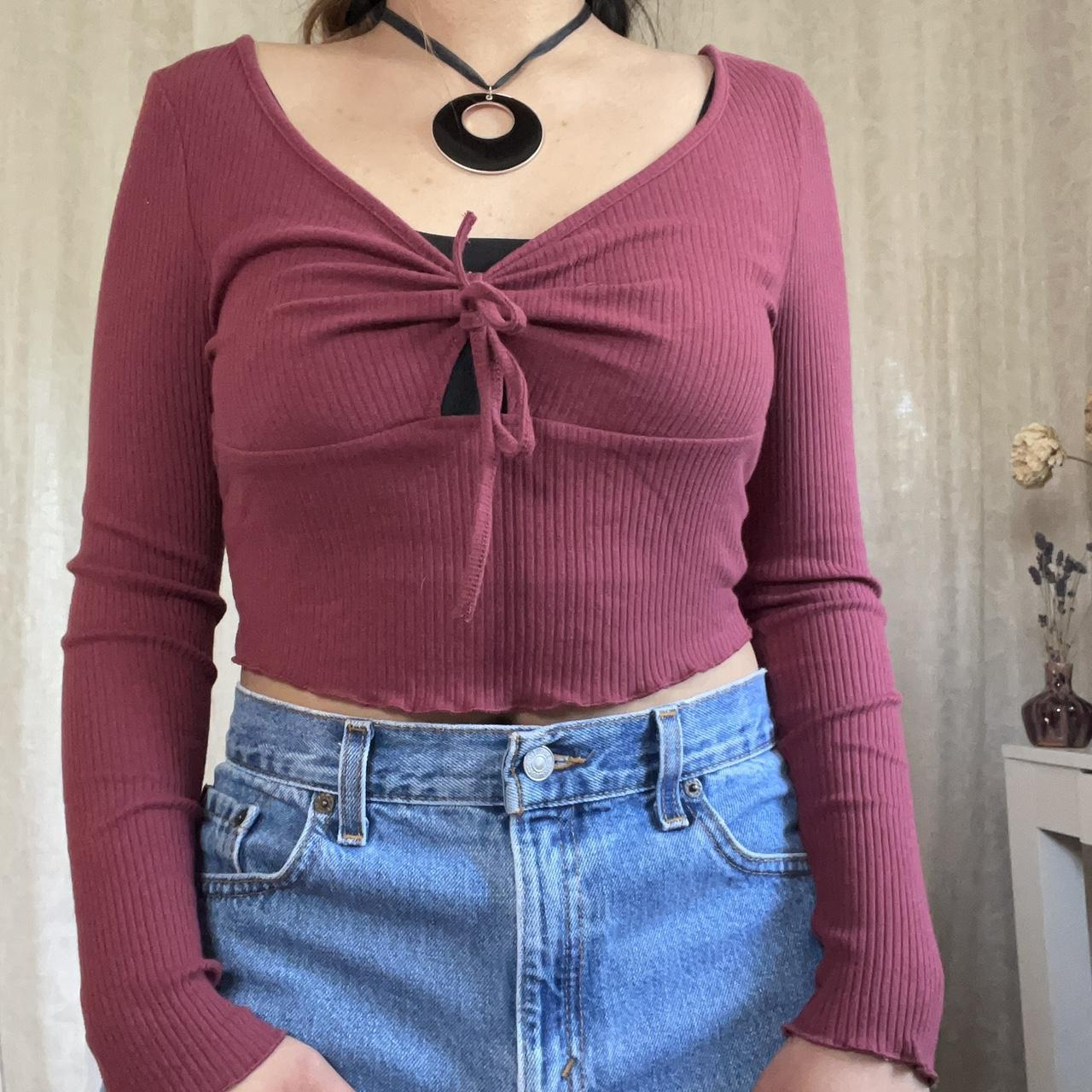 Burgundy Tie Front Cropped Top Size M Model Is Depop
