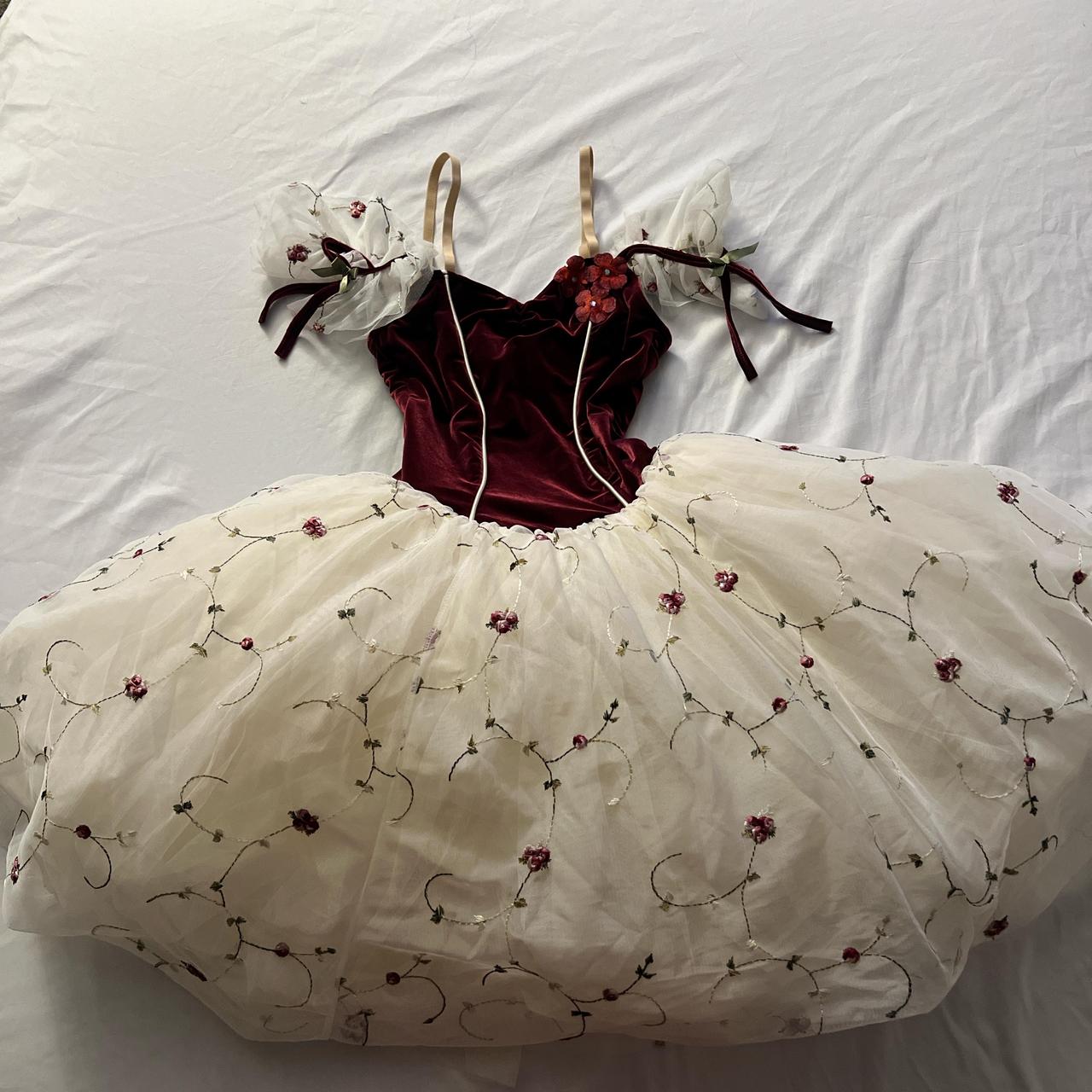 90s white and burgundy tutu with embroidered flowers... - Depop
