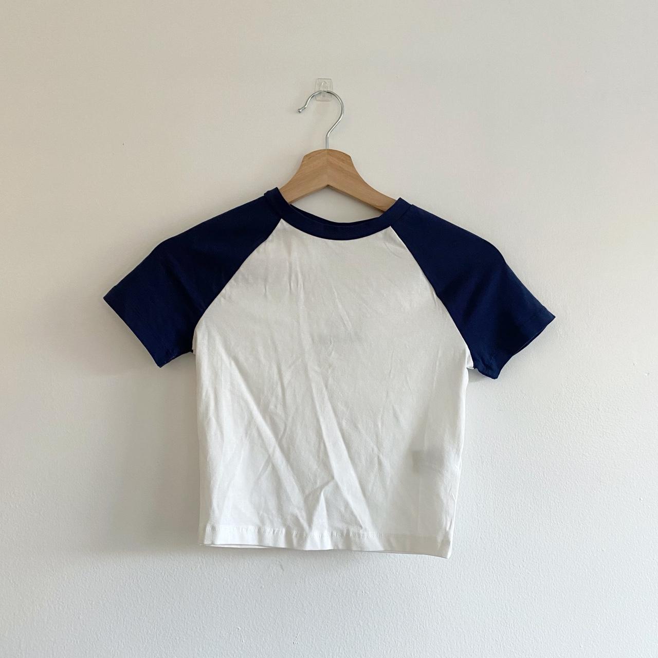 Navy and white raglan t shirt - a classic! Cropped... - Depop