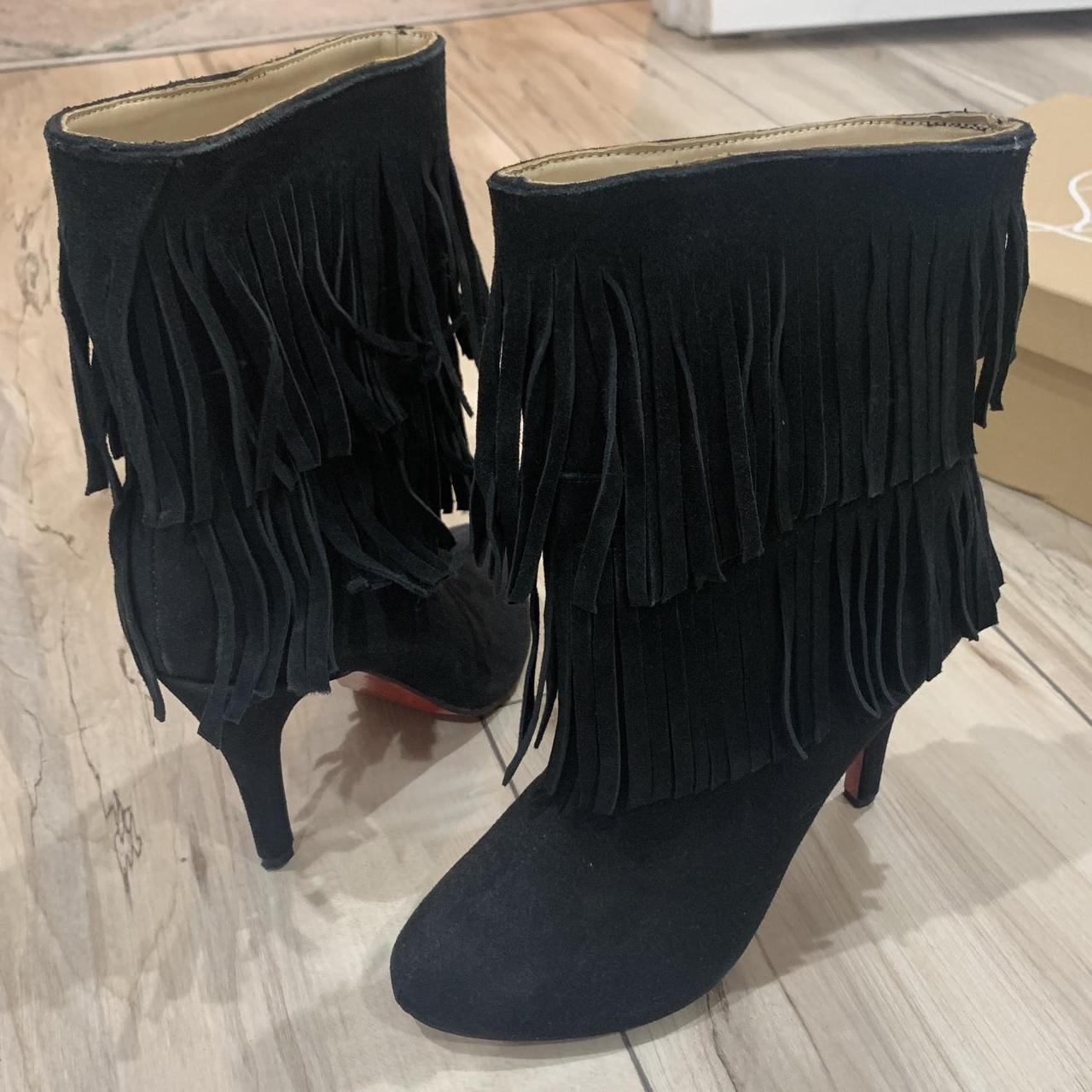 Red Bottom black fringe suede boots / booties | pull... - Depop