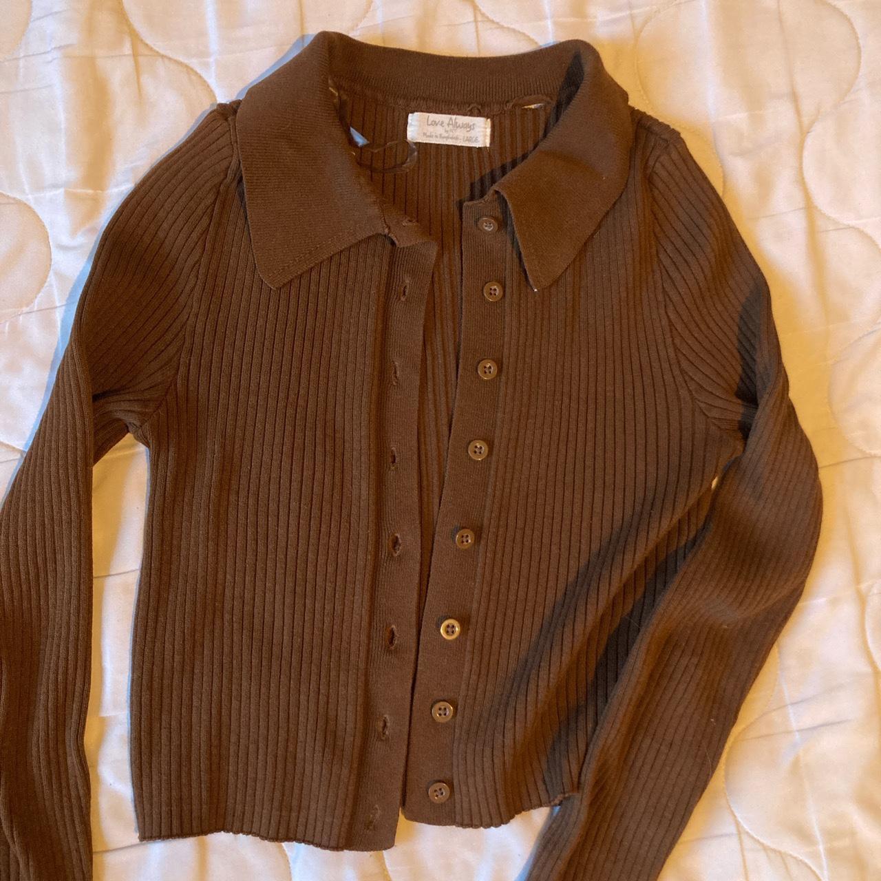 small ribbed brown button up cardigan top -marked... - Depop