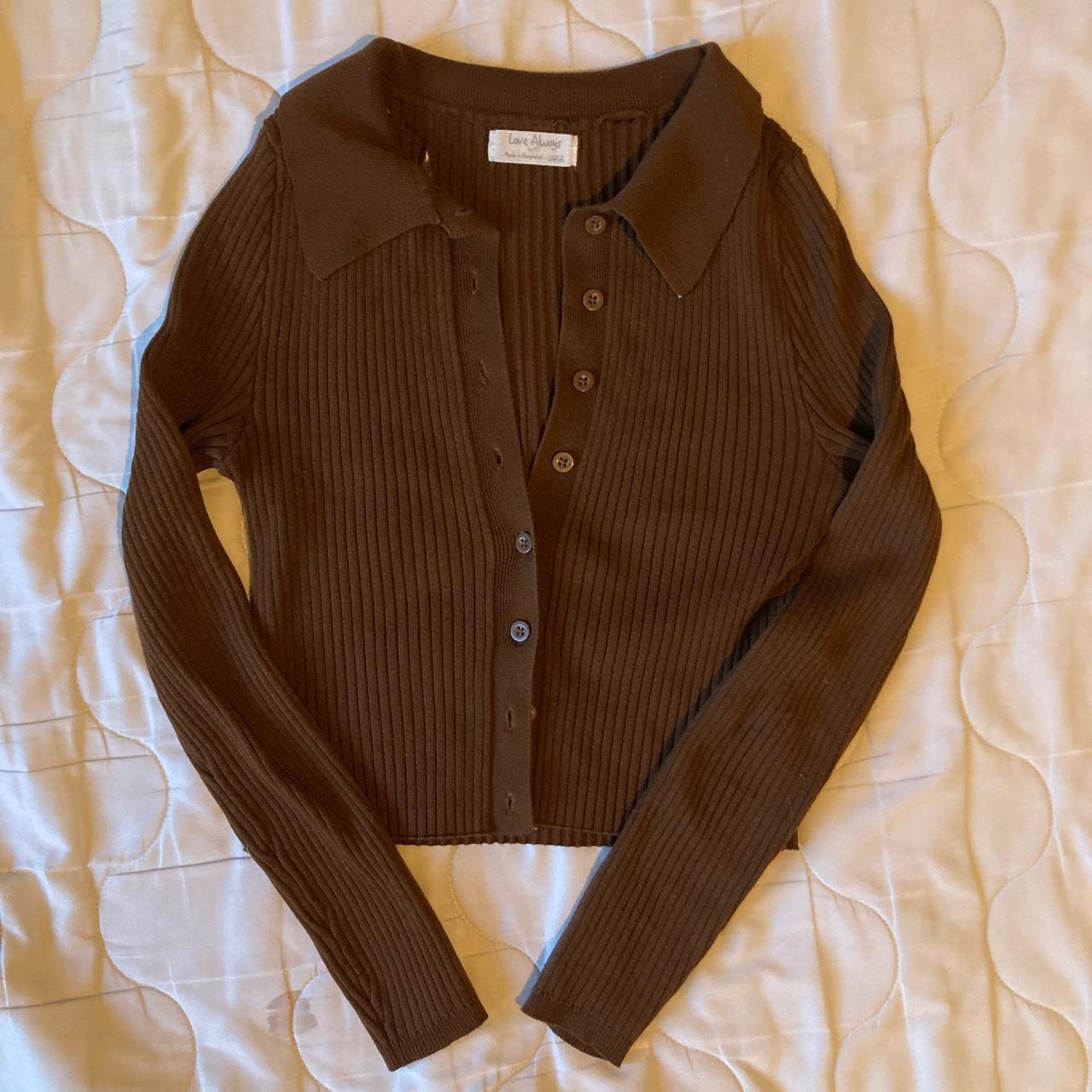 small ribbed brown button up cardigan top -marked... - Depop