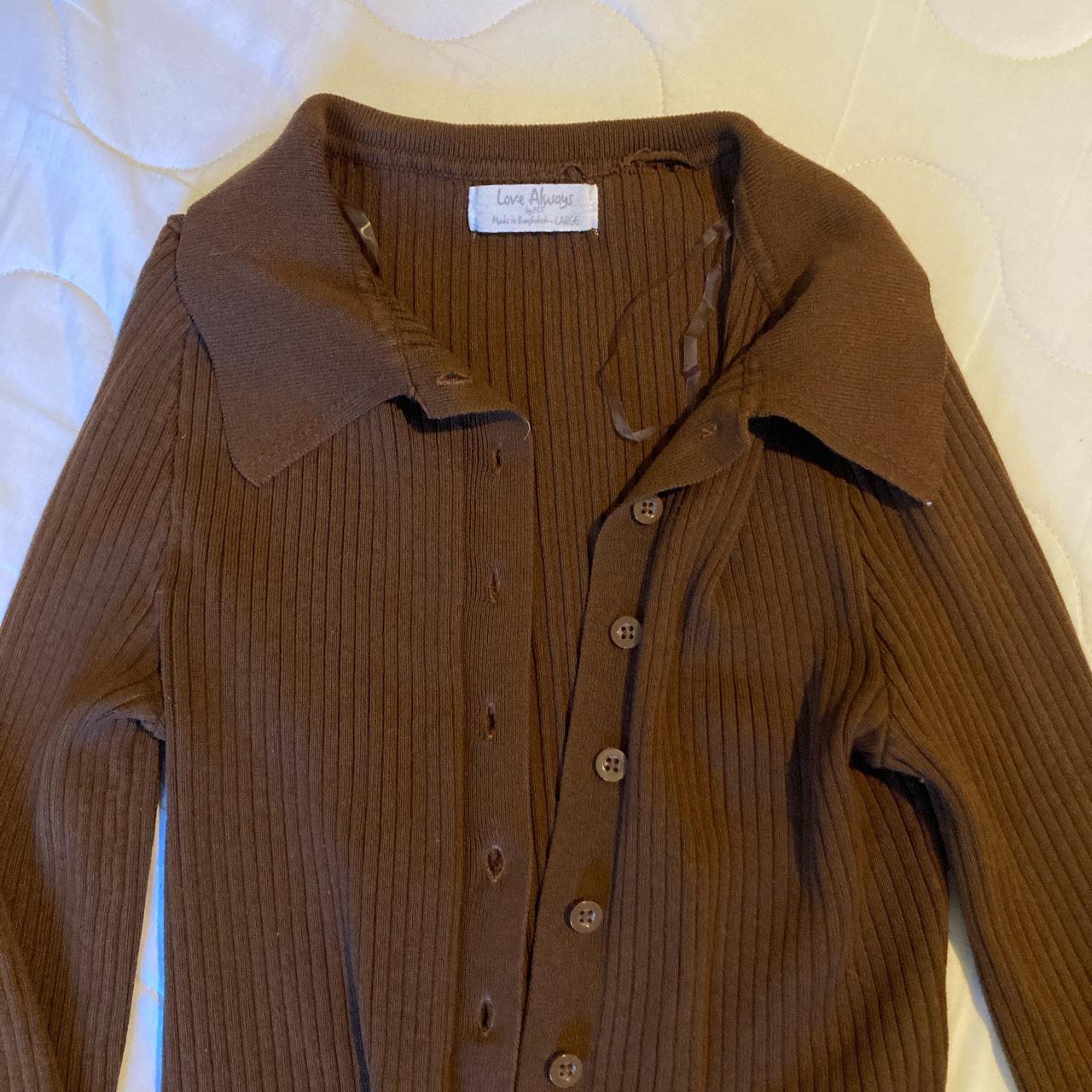 small ribbed brown button up cardigan top -marked... - Depop