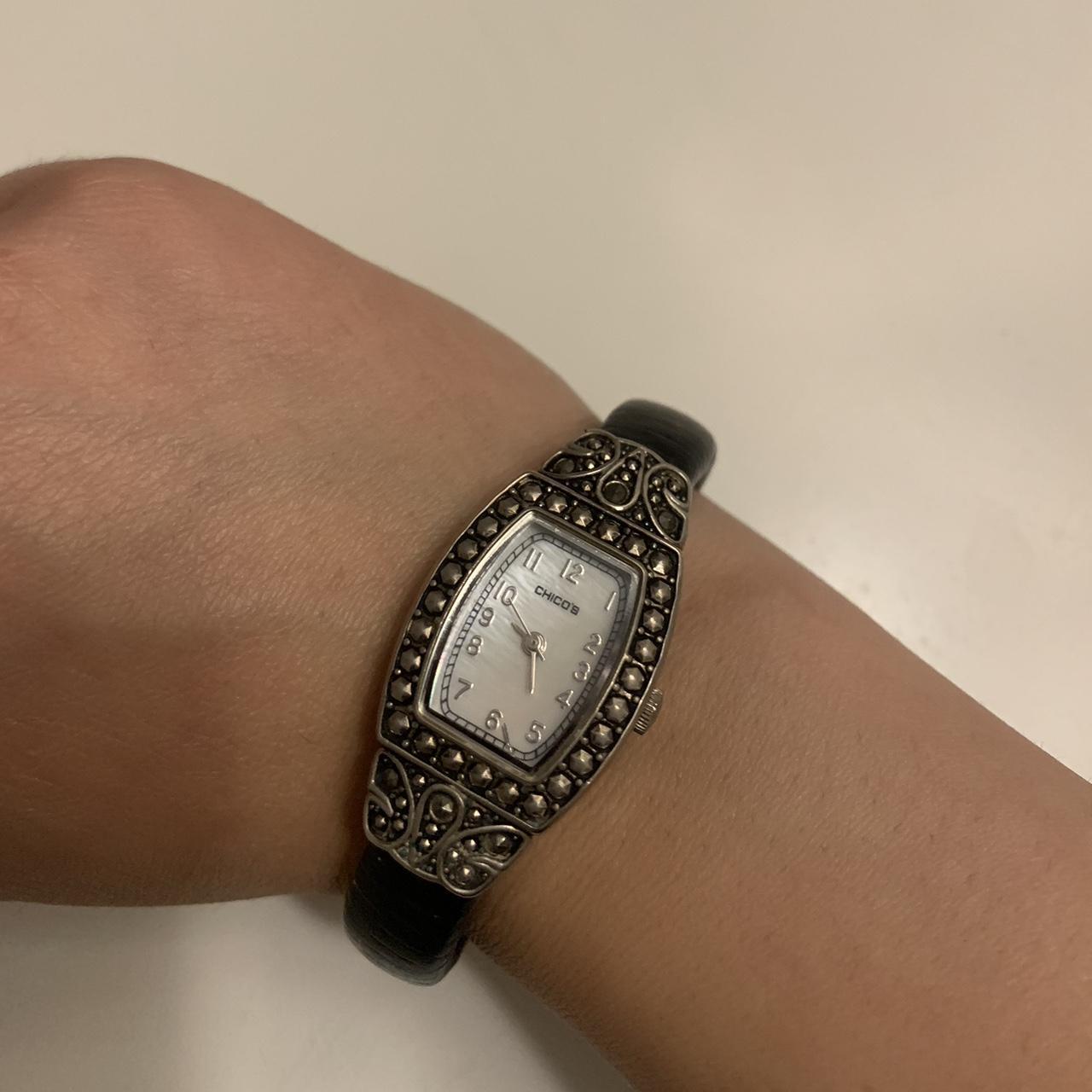 silver and black chicos watch with gem designs -... | Depop