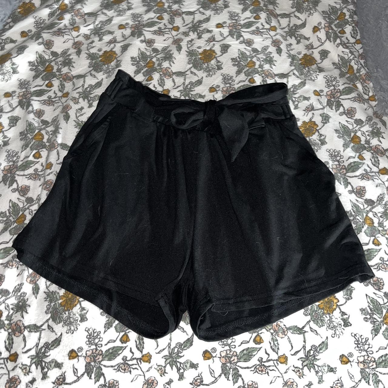 black stretchy shorts with bow girls large, fits a... - Depop