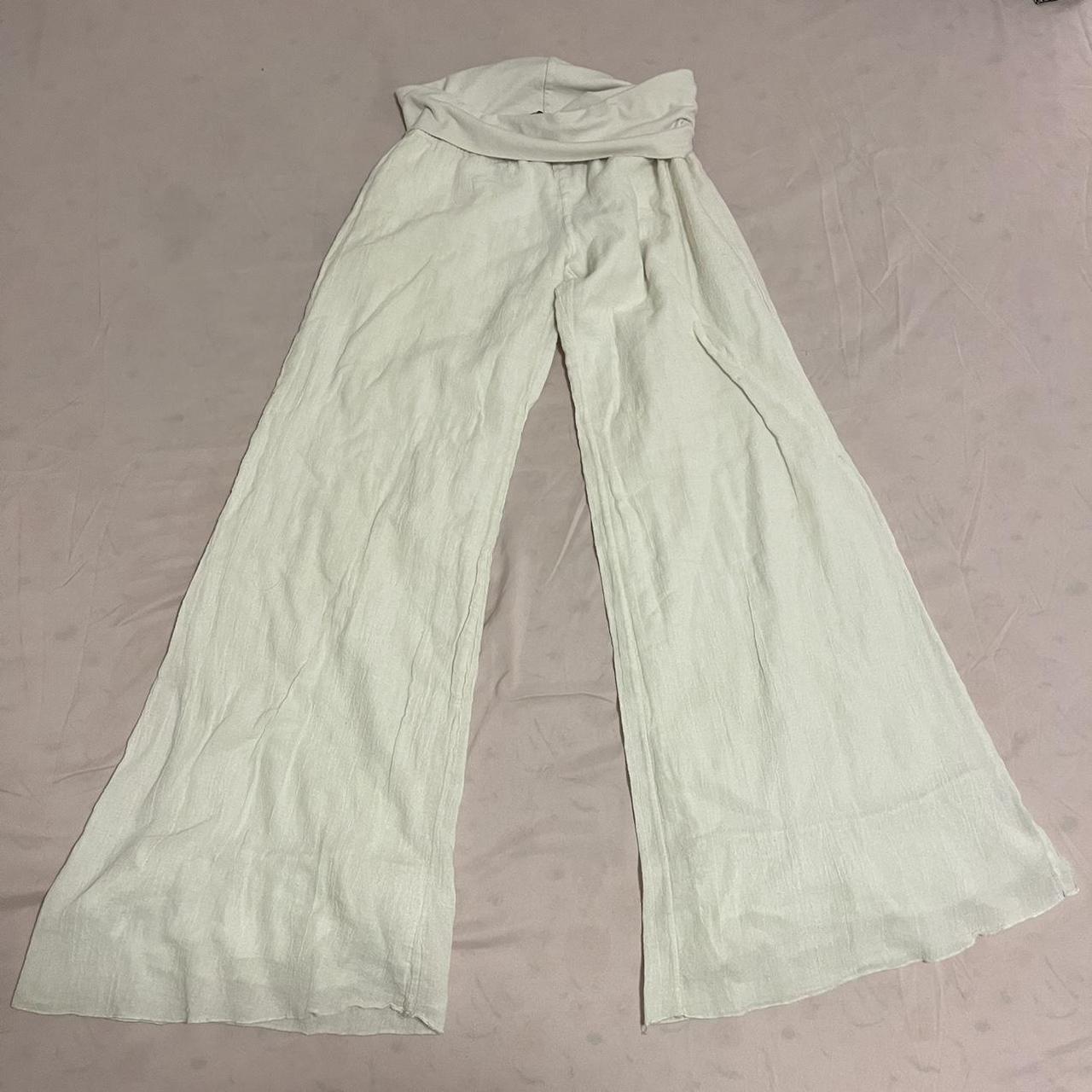 small flared white linen pants with fold over cotton... - Depop
