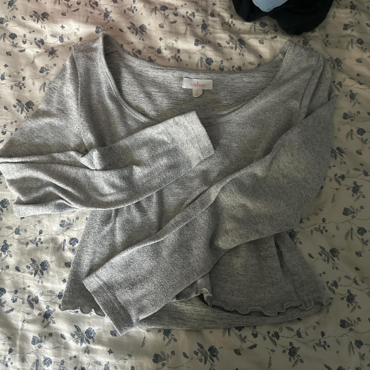 Grey long sleeve top with lettuce hem minimally... | Depop