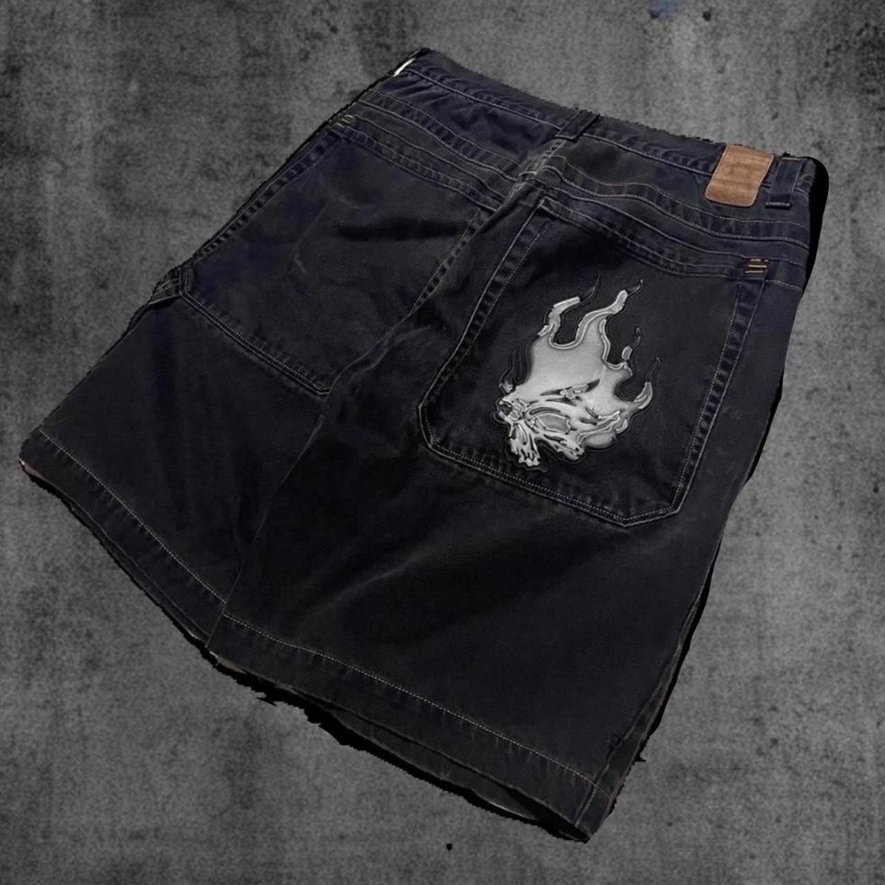 JNCO flaming skull tribal jorts Size 34 with a 24”... | Depop