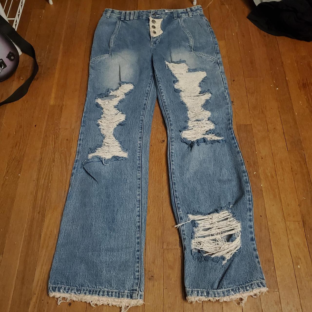 Rustial denim baggy distressed jeans 32x34 Rise:... - Depop