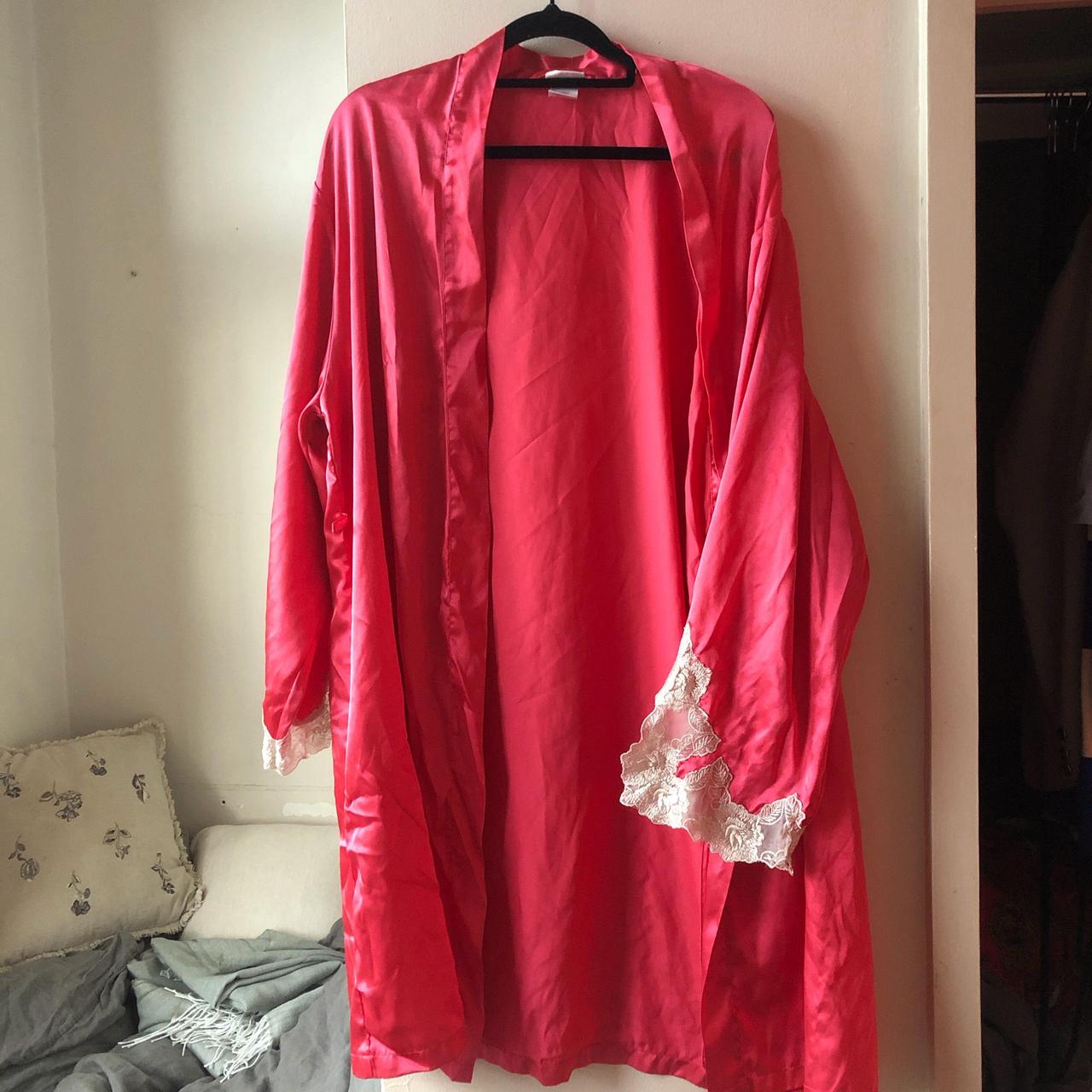 HOT Pink satin robe with beige lace trim Such... - Depop