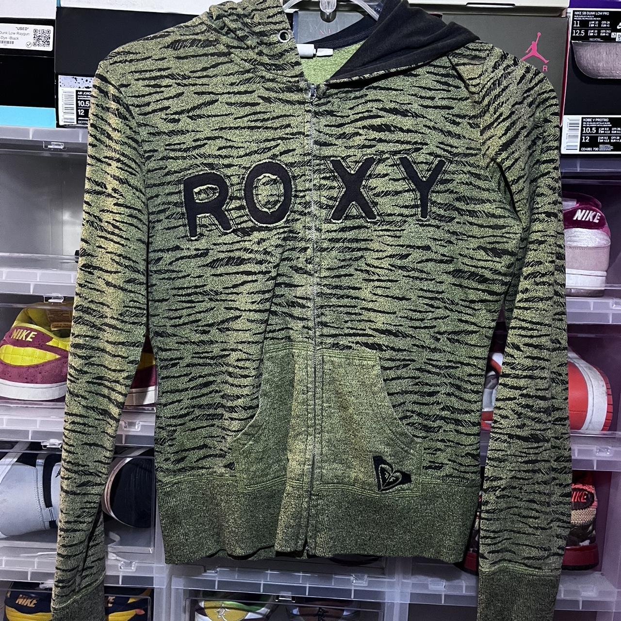 Women’s Roxy Zip Up Hoodie Green Tiger Print Design... | Depop