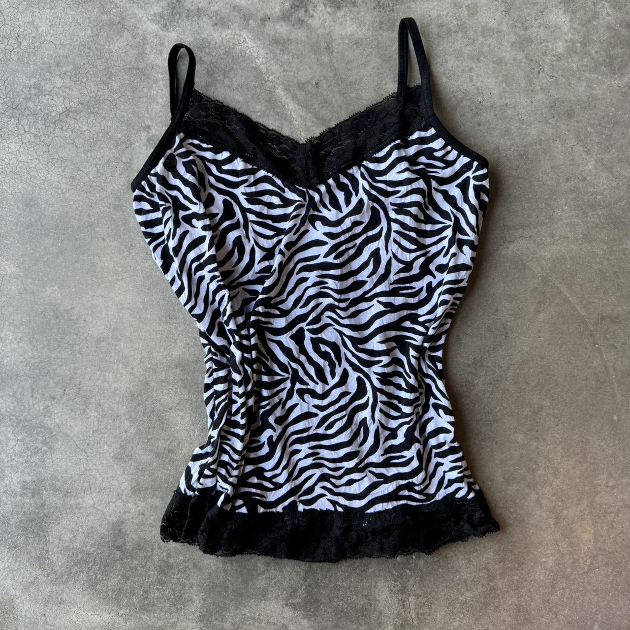 Black and white zebra print cami top with lace trim... - Depop