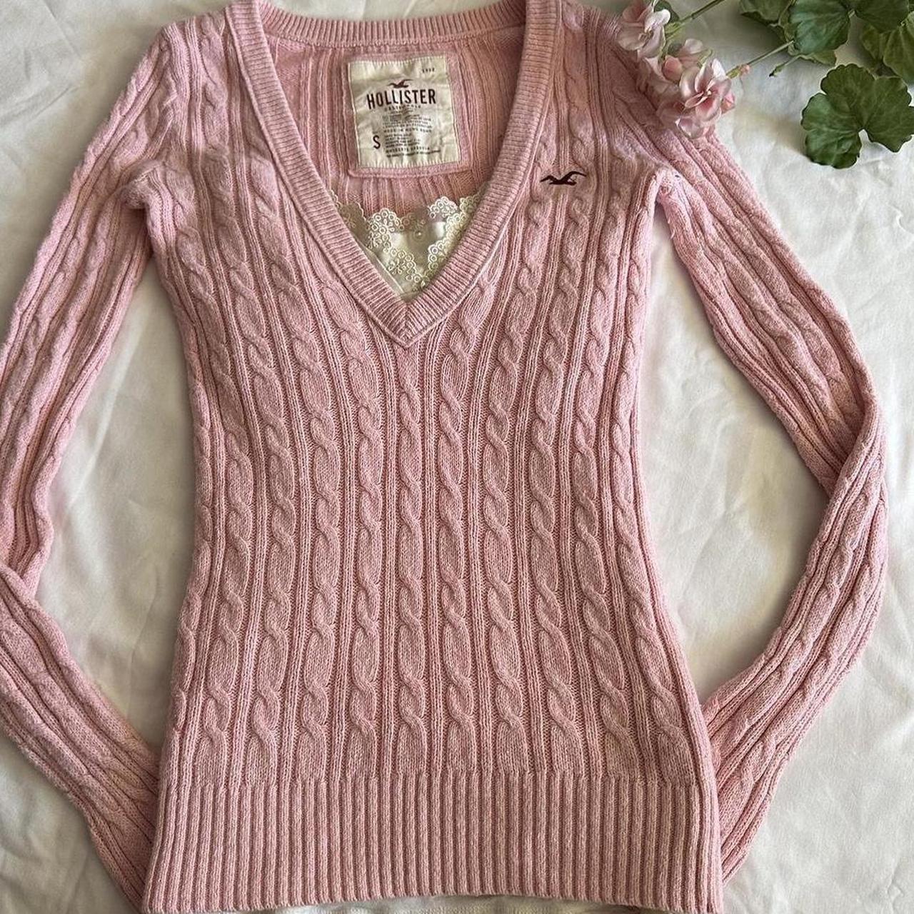 y2k 2000s hollister pink cable knit long sleeve... - Depop