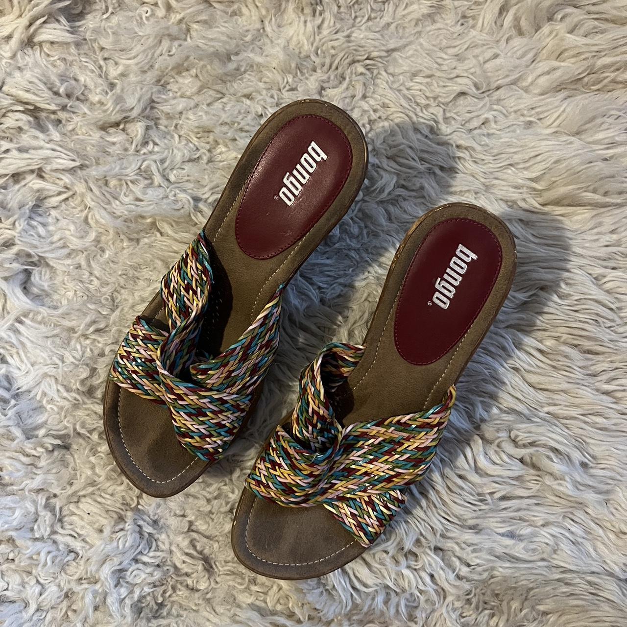 Bongo Y2K wedges with woven rainbow straps and cork... - Depop