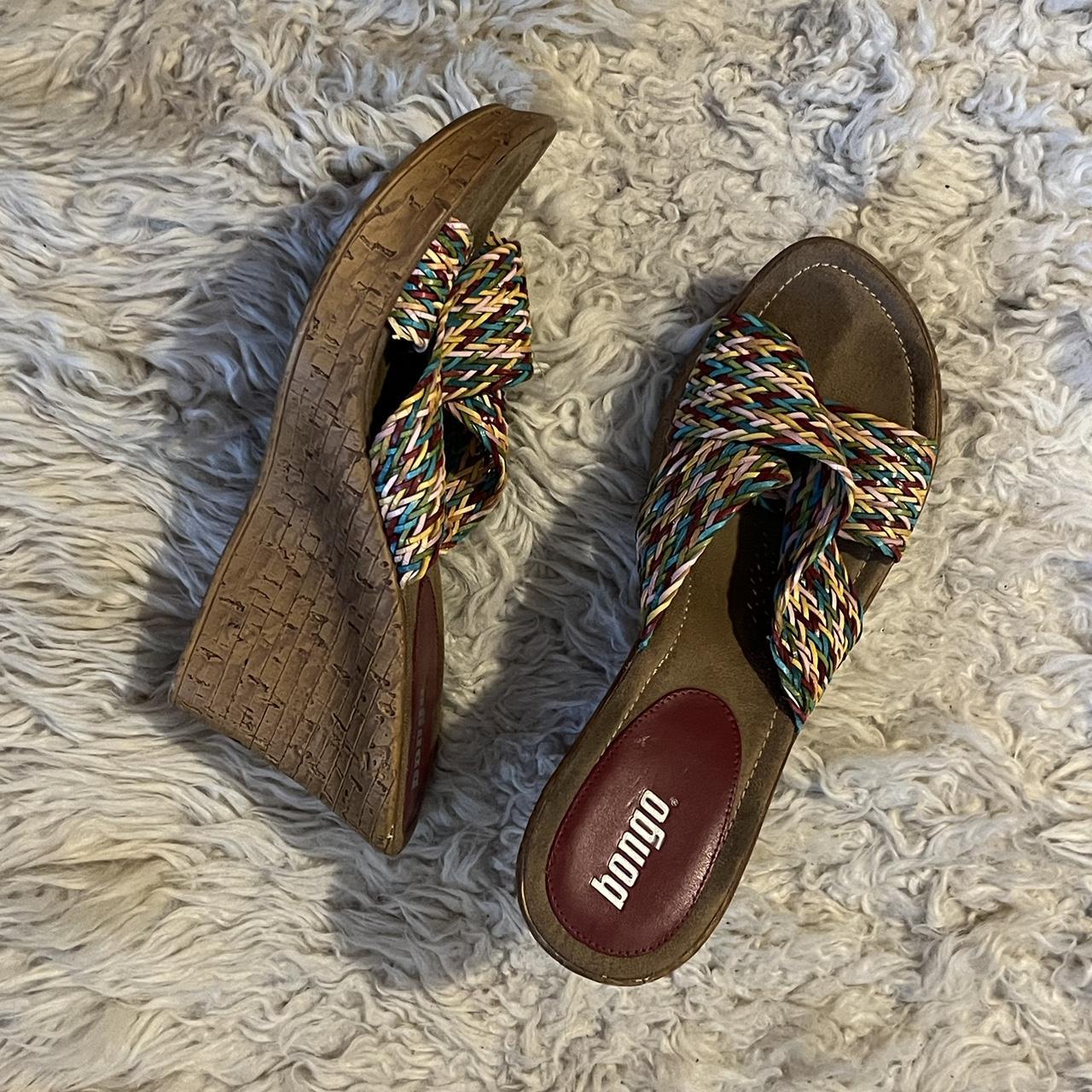 Bongo Y2K wedges with woven rainbow straps and cork... - Depop