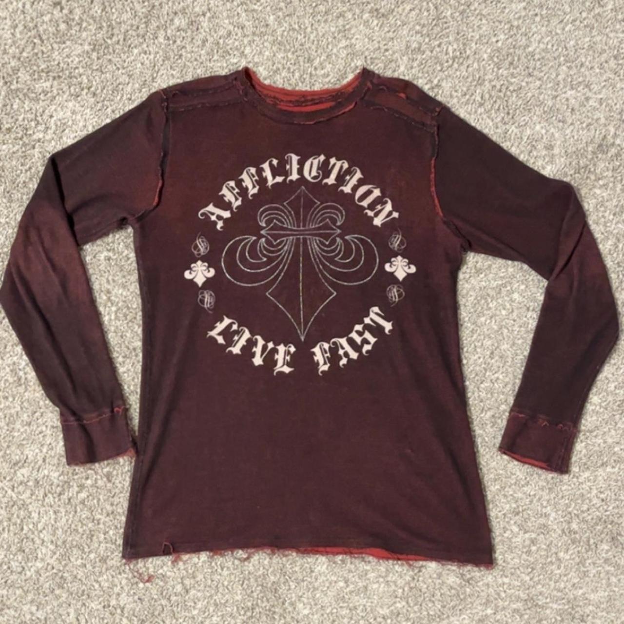 reversible affliction long-sleeve shirt, side one is... - Depop