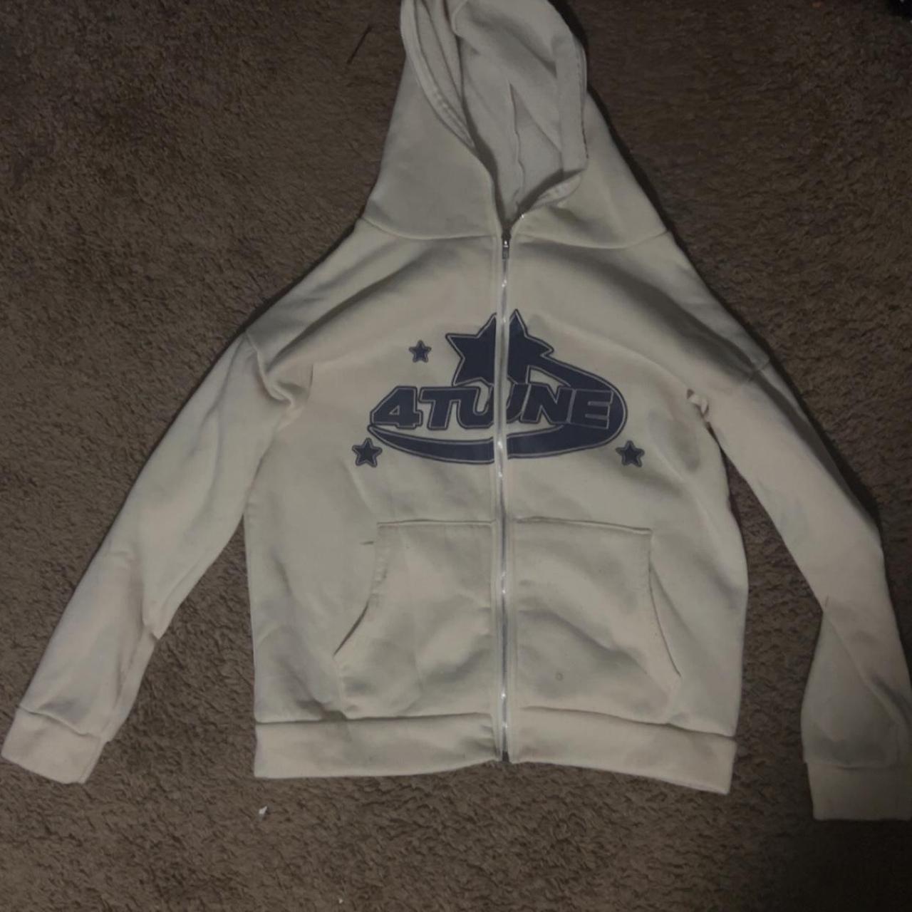 y2k cream color full zip hoodie “4tune” size small... | Depop