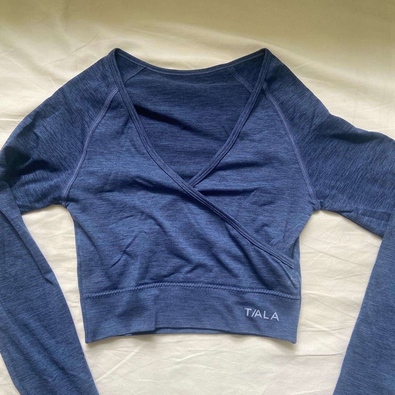 Long sleeve wrap style exercise top in navy/blue... - Depop