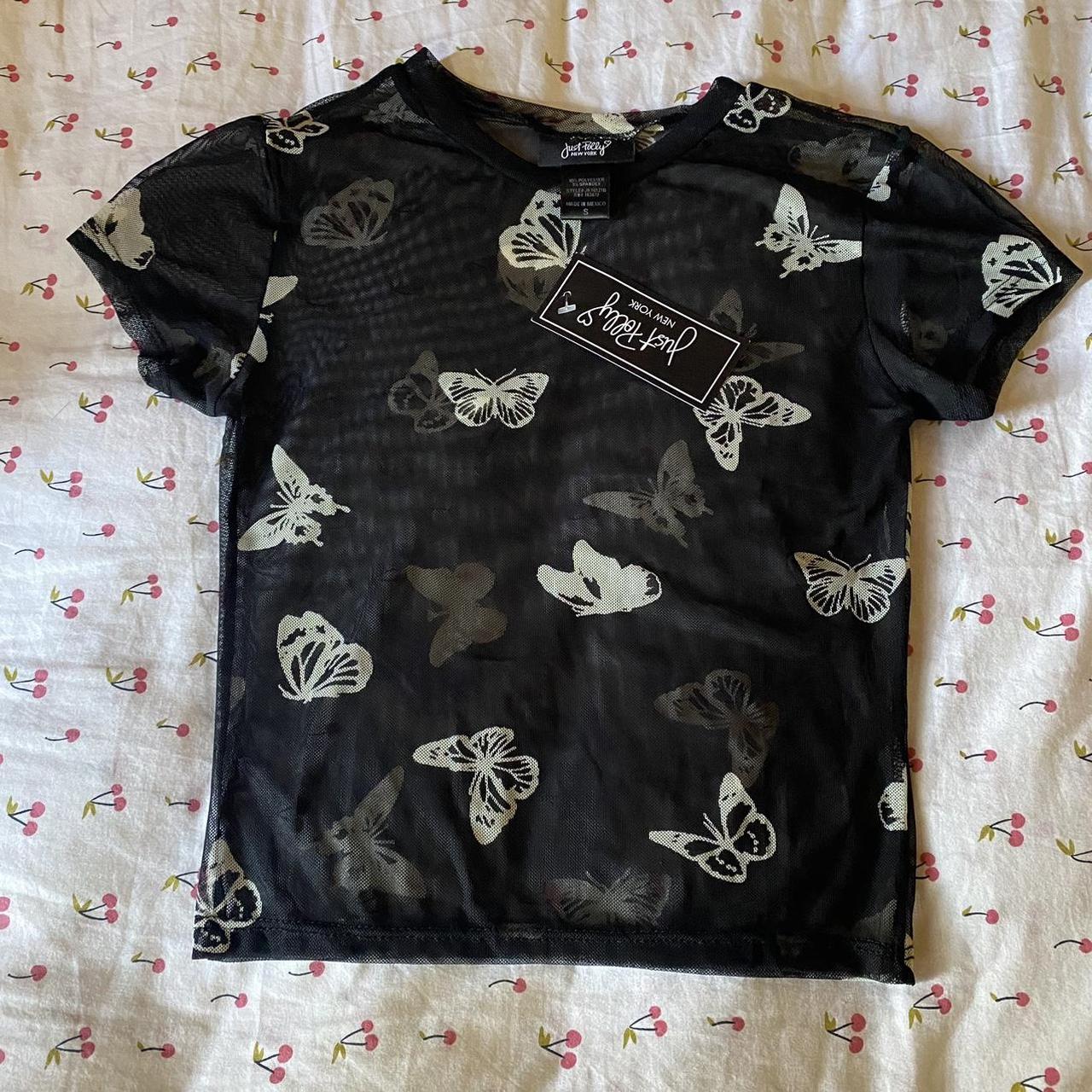 A black butterfly mesh/transparent crop top. Never... - Depop