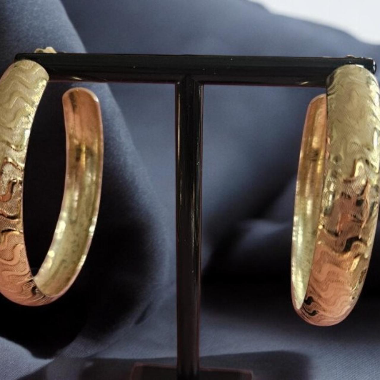 Vintage Etched Textured Goldtone Stud 5cm Hoop... | Depop