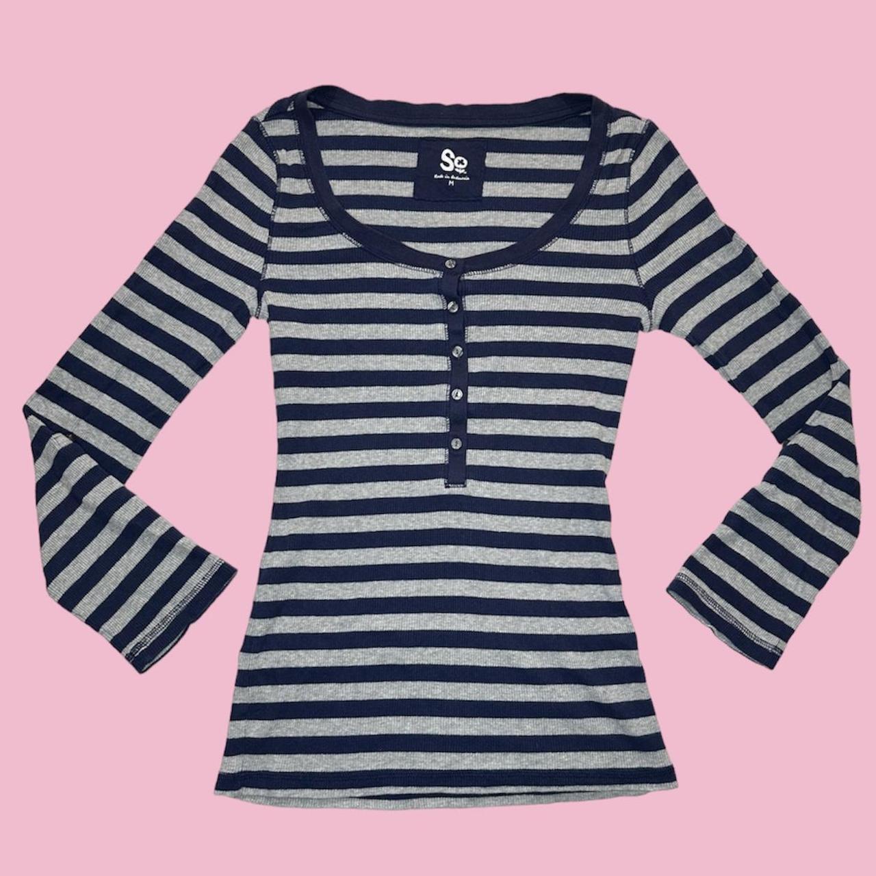 Y2K stripe Henley Navy / grey color Longsleeve,... - Depop