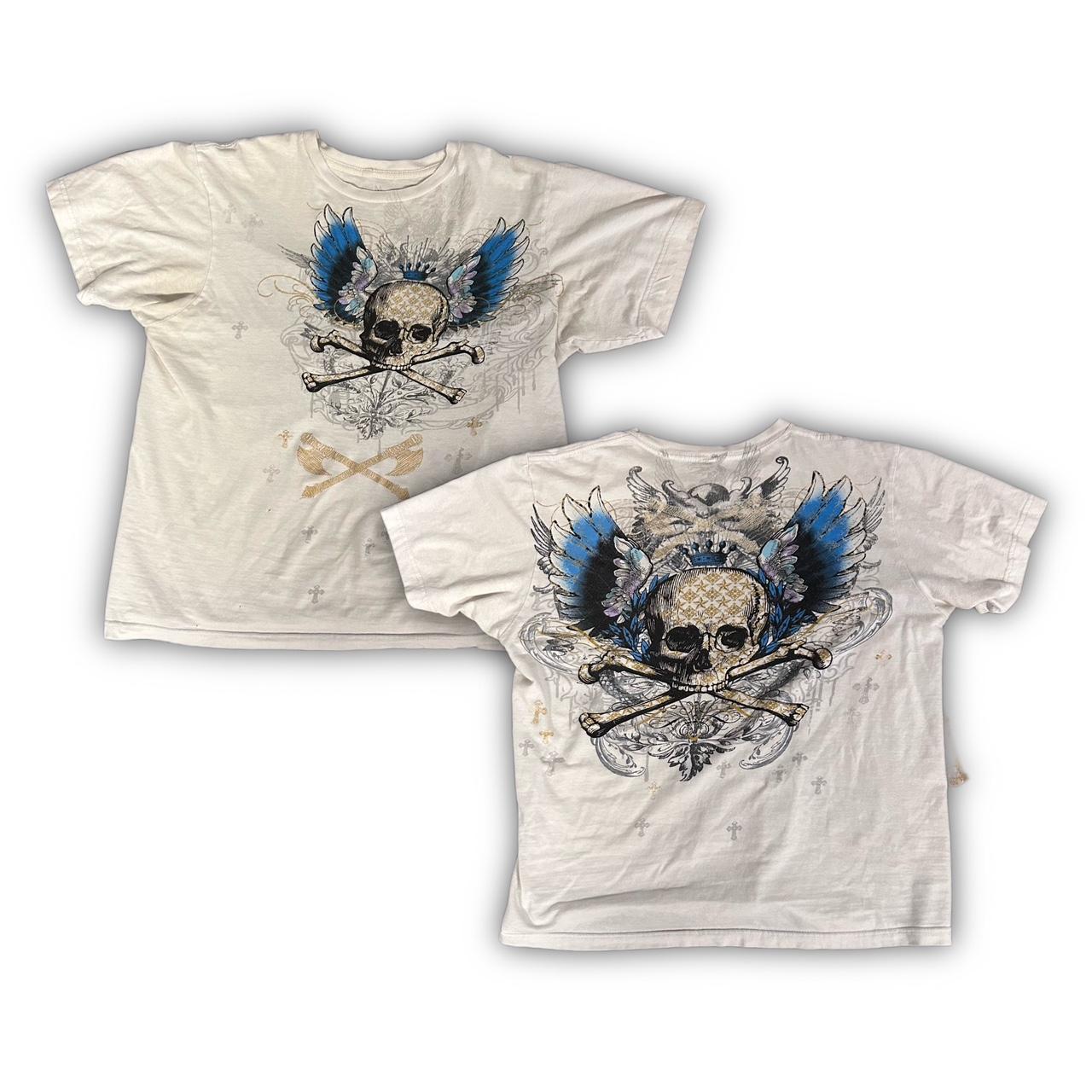 White blue and black mall goth graphic skull wings... - Depop