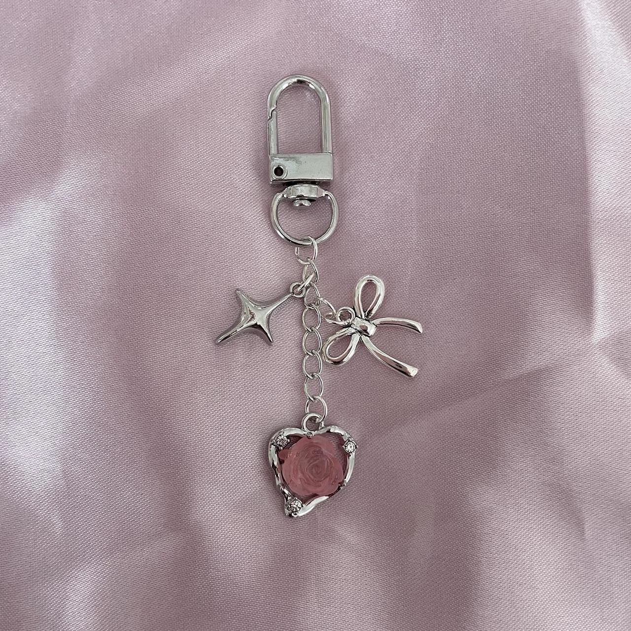 NEW Silver Pink Y2k Rose Heart Ribbon Star Bag Charm... - Depop