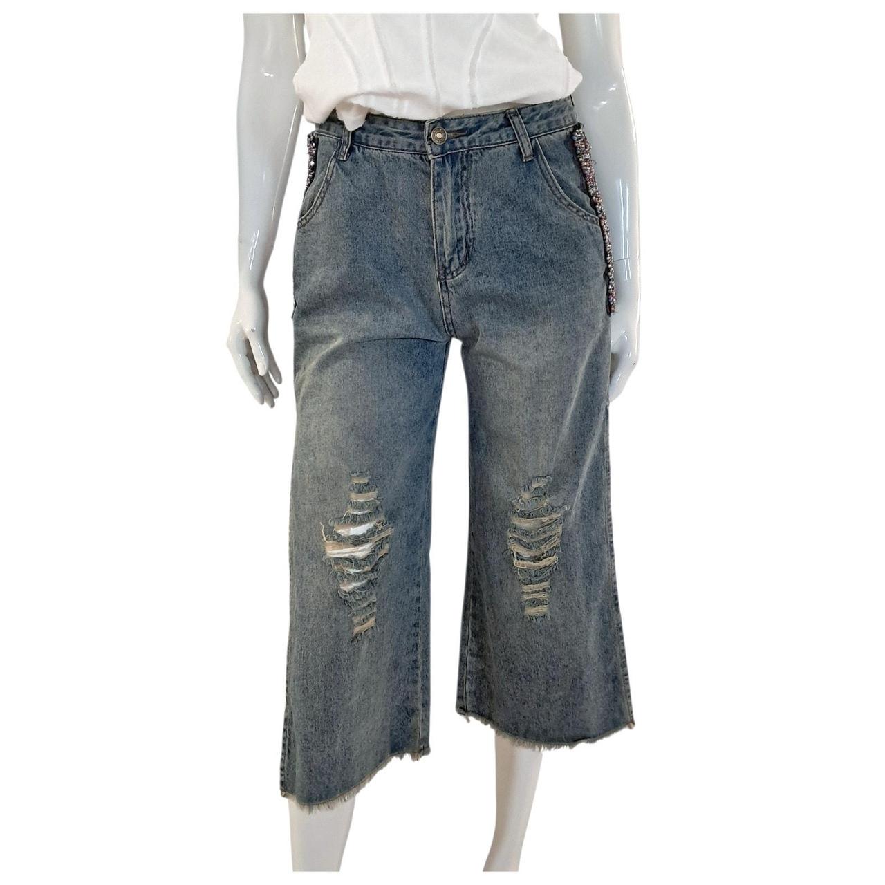 Distressed Wide Leg Jeans Jorts with Side Slits,... | Depop