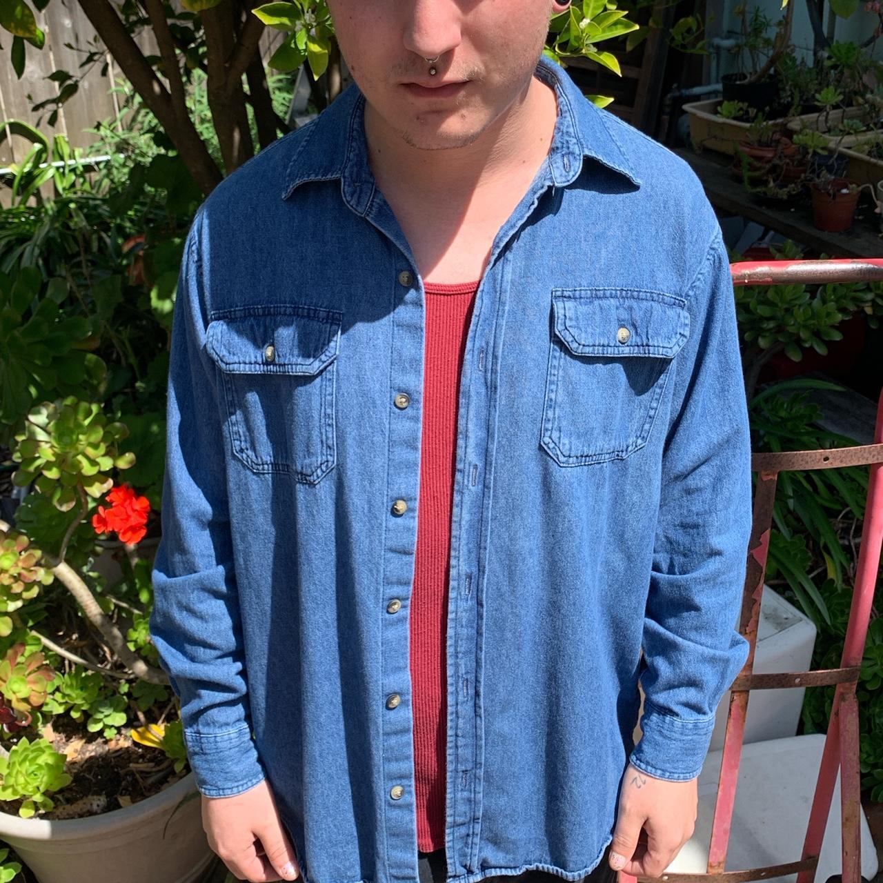 Wrangler size M denim button up shirt with two chest... - Depop