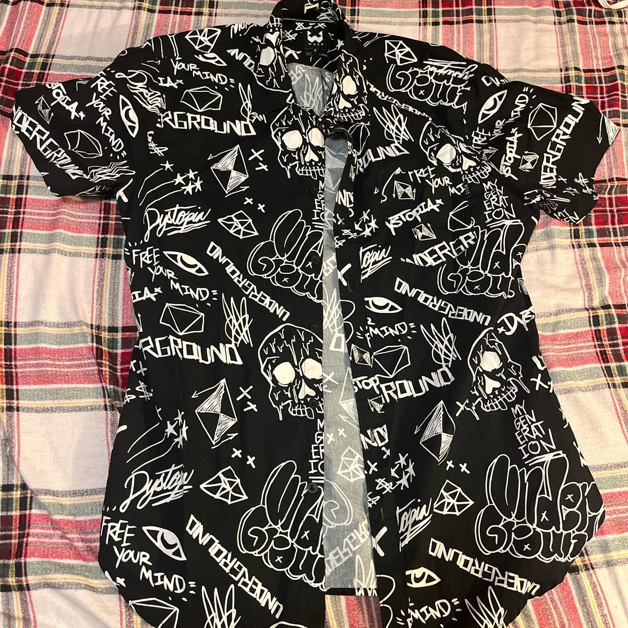 Large black and white button up graphic shirt .... - Depop