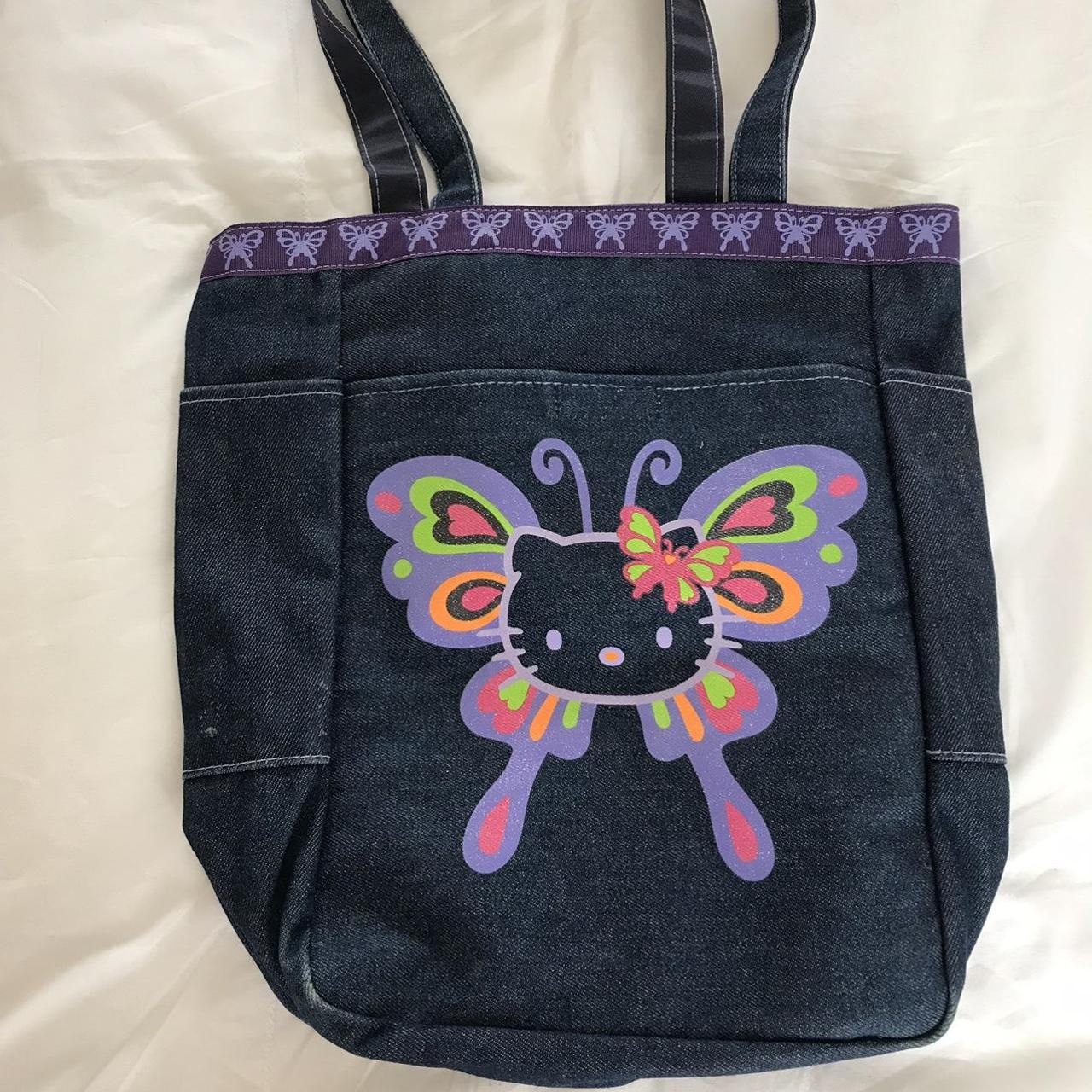 Super cute and rare butterfly hello kitty denim tote... - Depop
